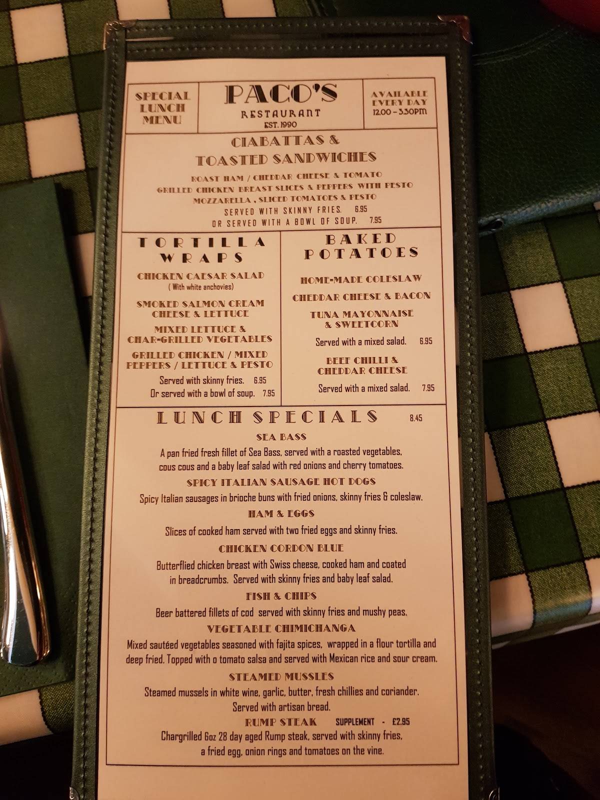 Menu at Paco's Restaurant, Perth