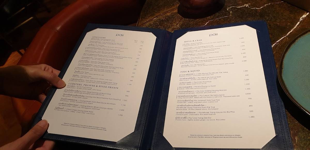 Menu at PAII restaurant, Bangkok