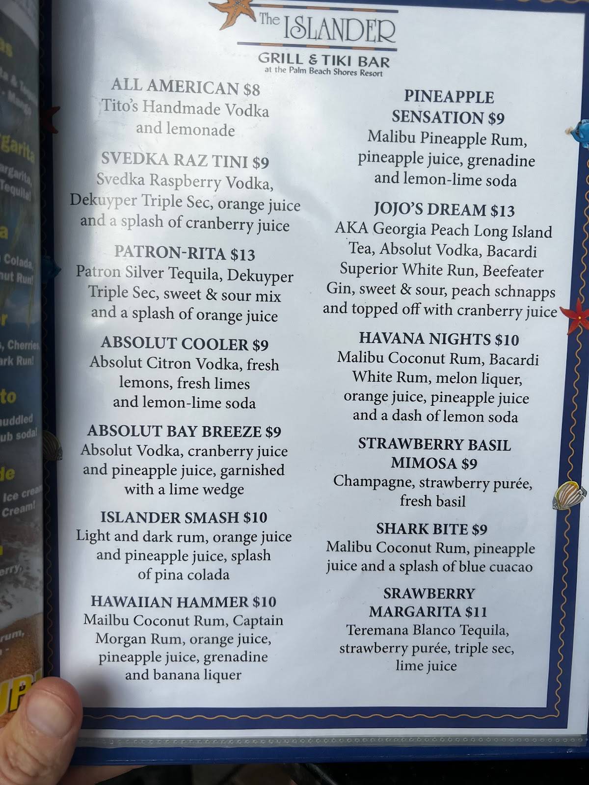 Menu at The Islander Grill and Tiki Bar, Palm Beach Shores