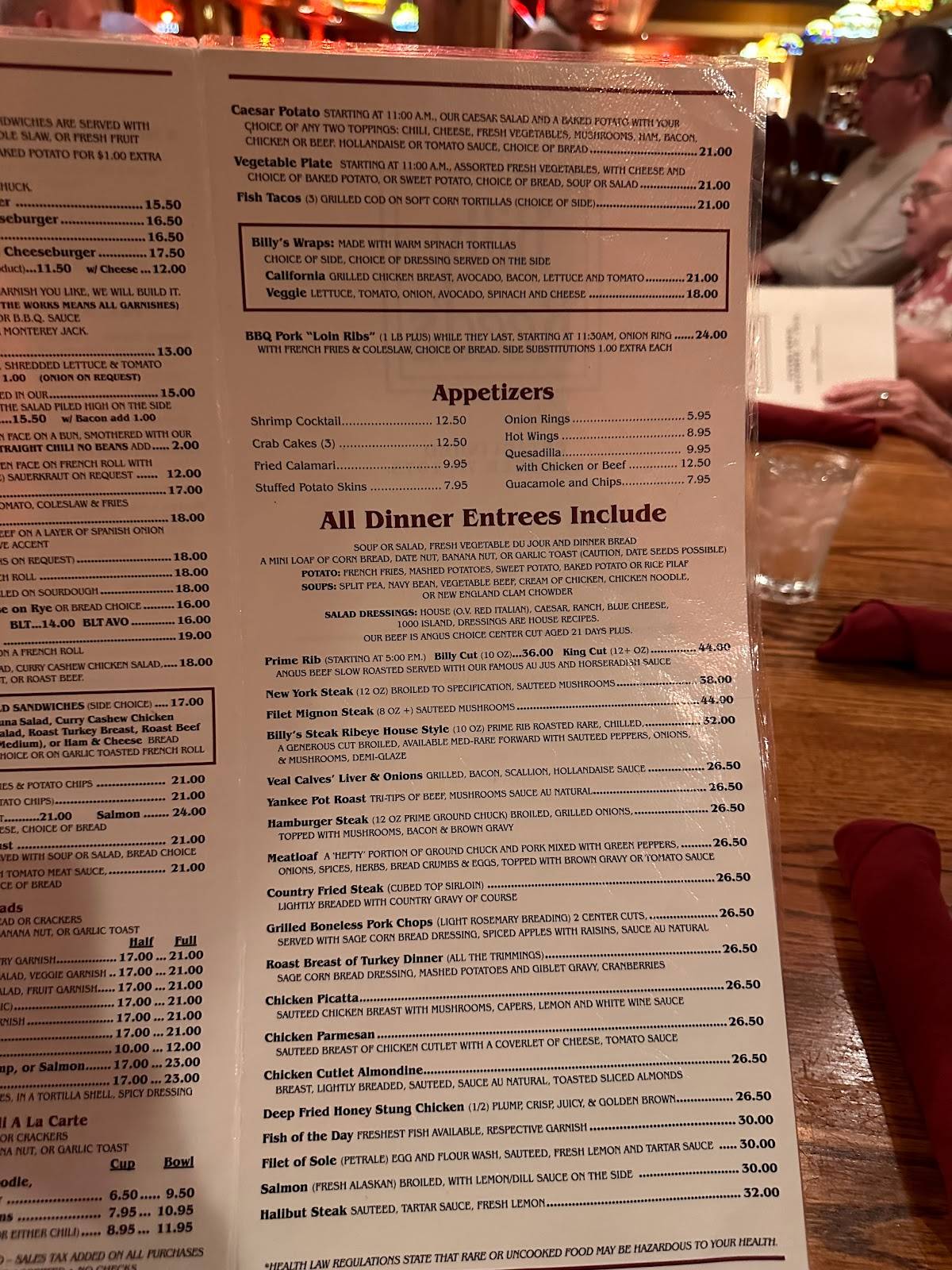Menu at Billy Reed's Palm Springs restaurant, Palm Springs