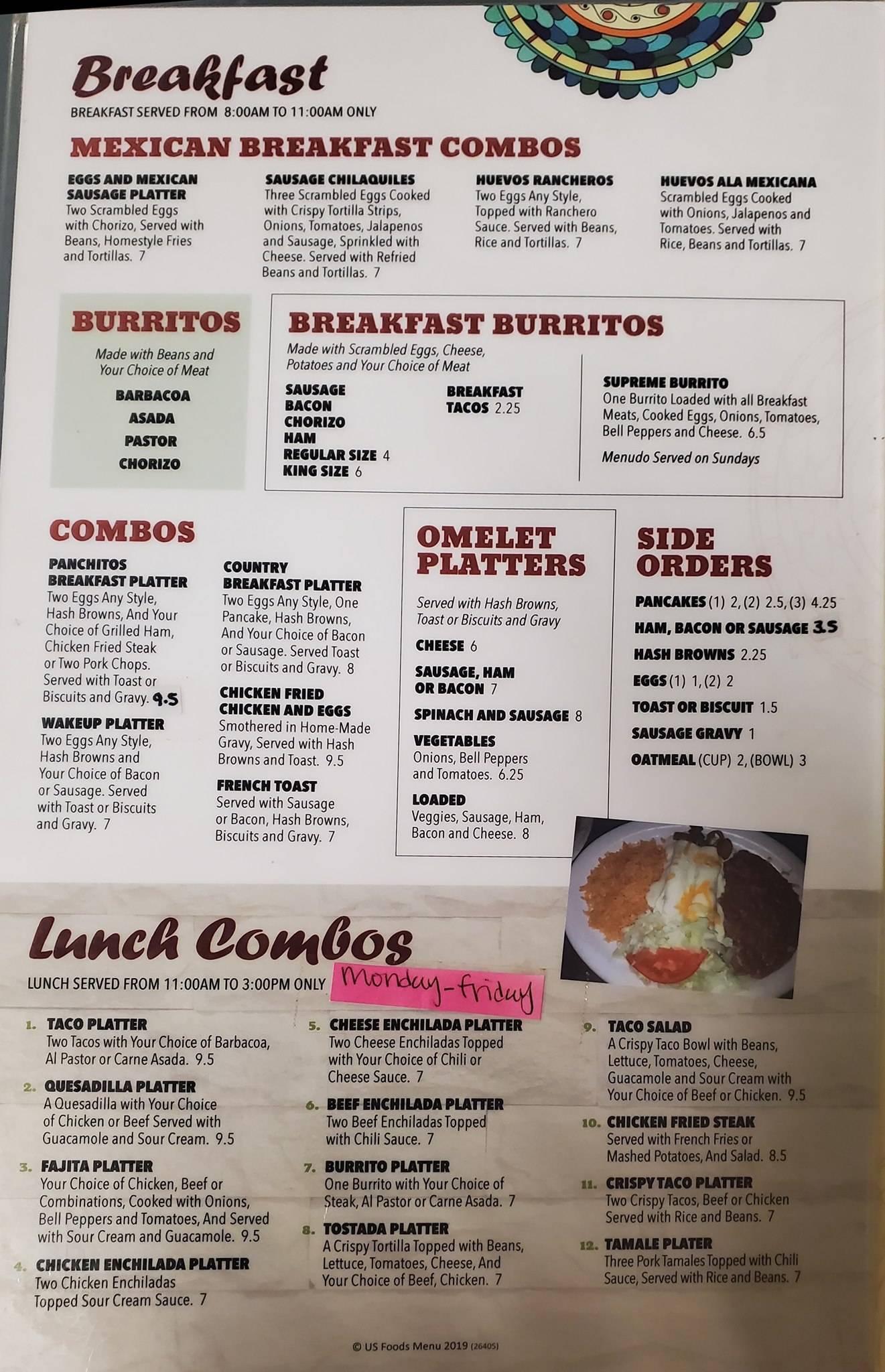 Menu at Panchito's Mexican Restaurant, Granbury