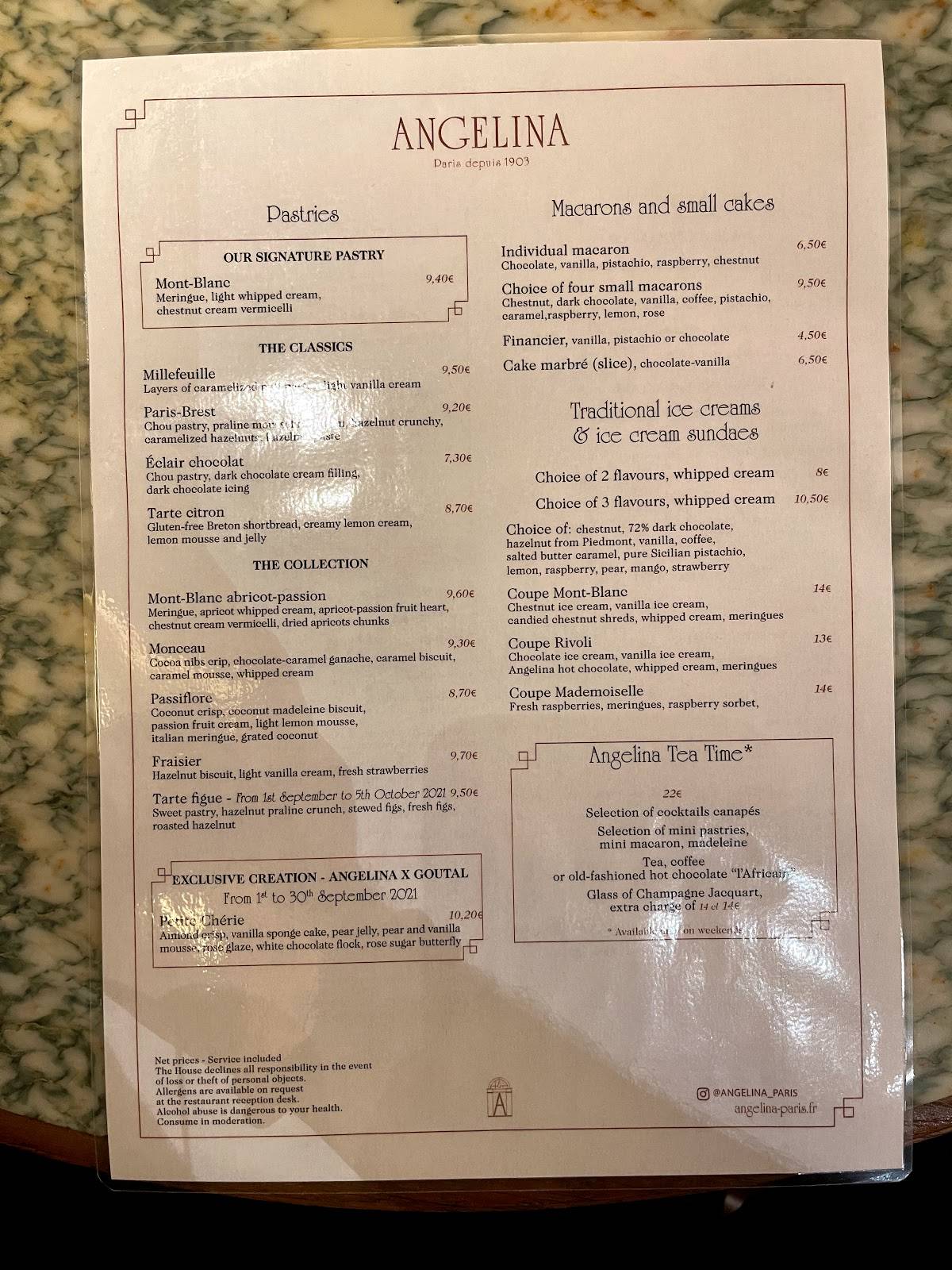 Menu au Angelina Paris restaurant, Paris, 226 Rue de Rivoli