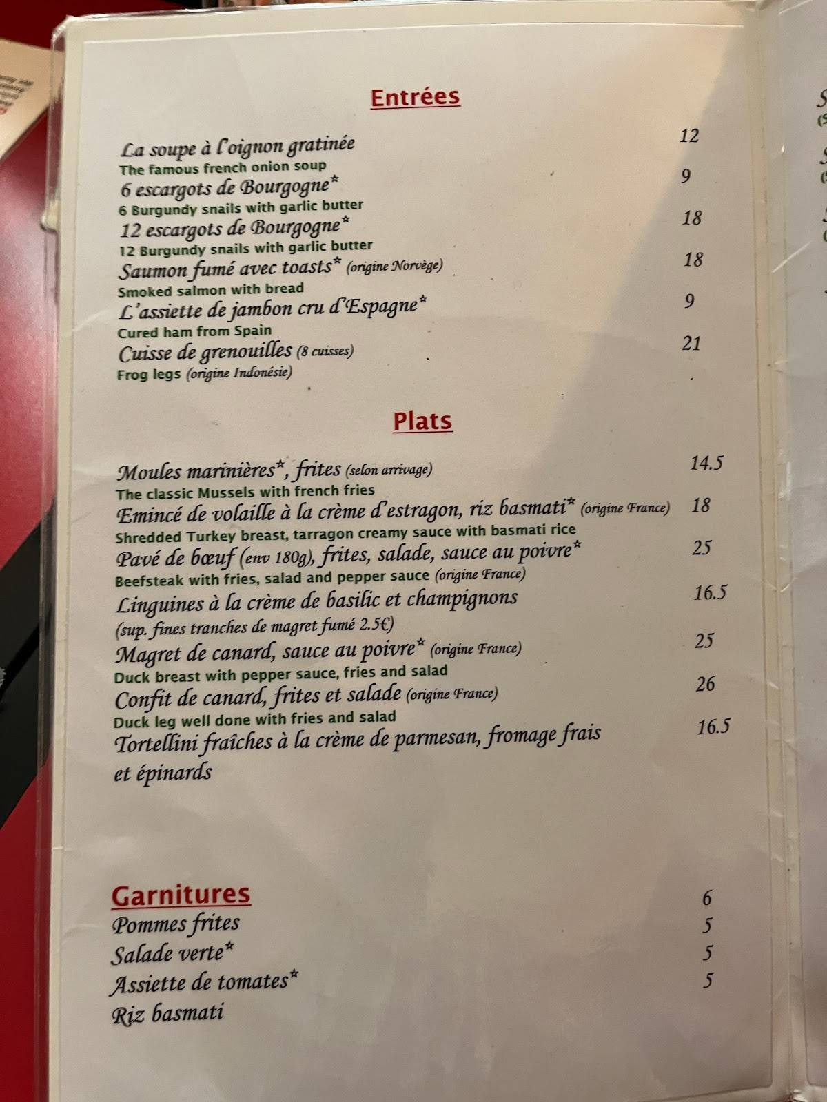 Menu at Le Consulat restaurant, Paris, 18 Rue Norvins