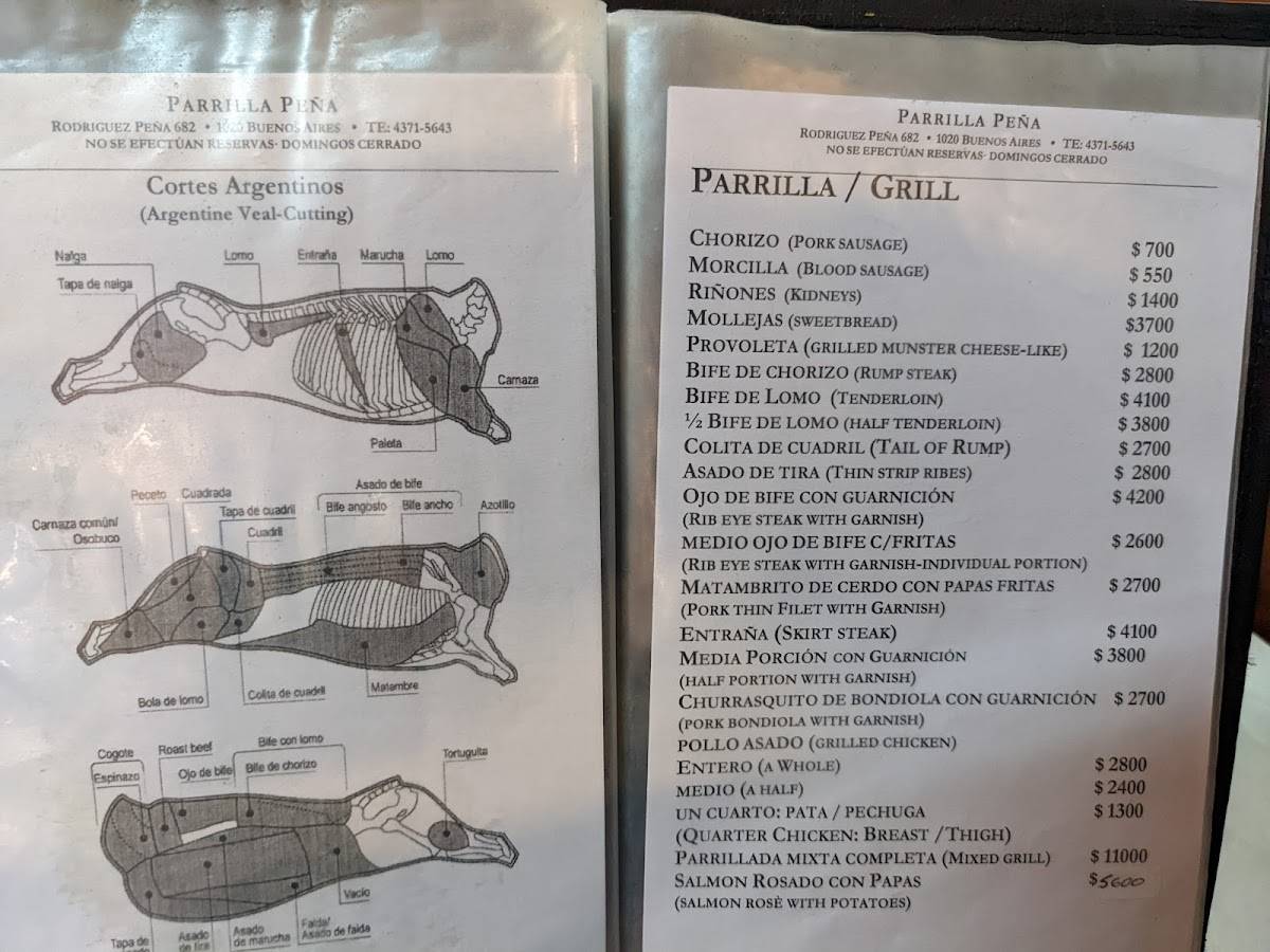 Menu at Parrilla Peña, Buenos Aires, Rodríguez Peña 682