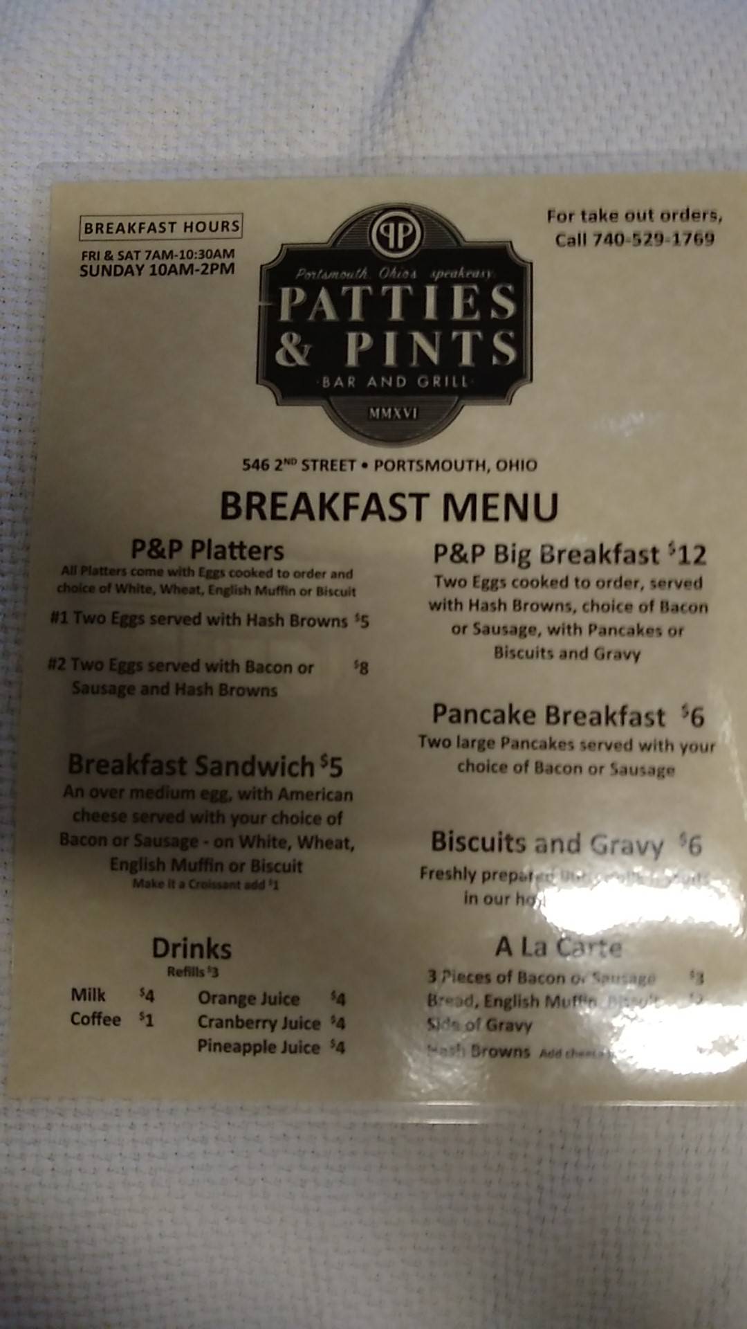 Menu at Patties & Pints pub & bar, Portsmouth