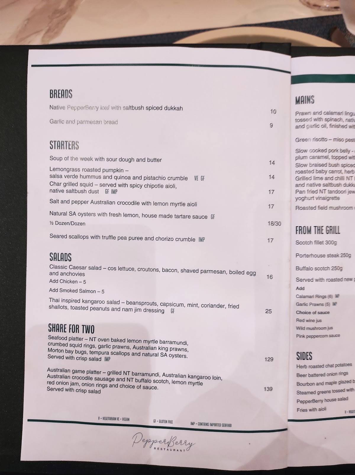 Menu at PepperBerry Restaurant, Darwin City