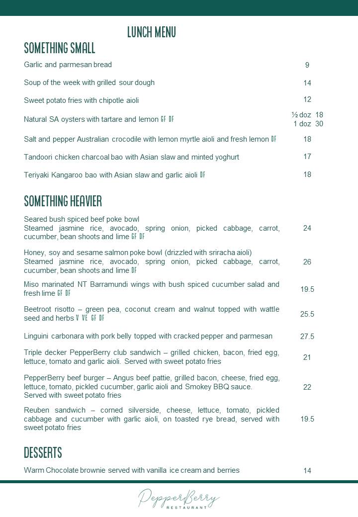 Menu at PepperBerry Restaurant, Darwin City