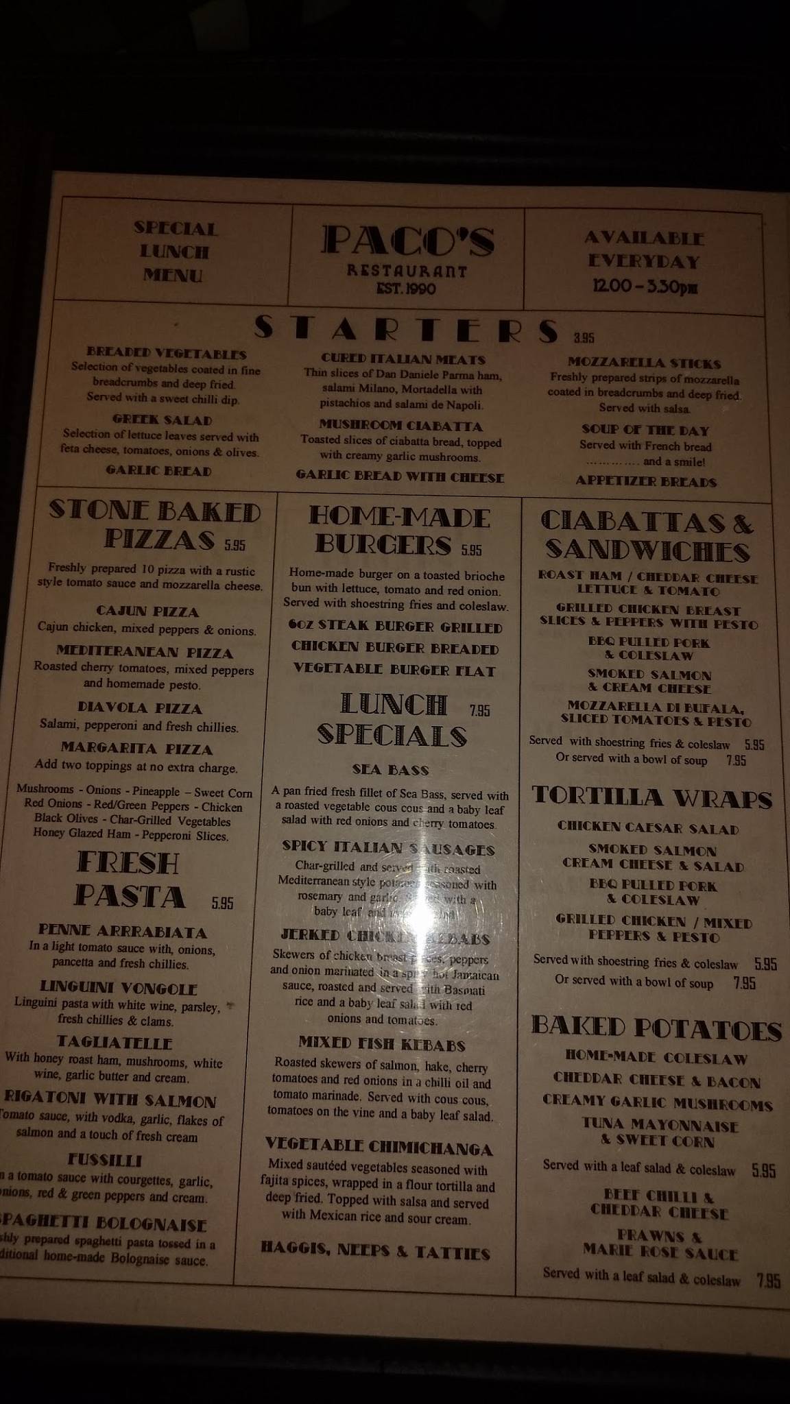 Menu at Paco's Restaurant, Perth