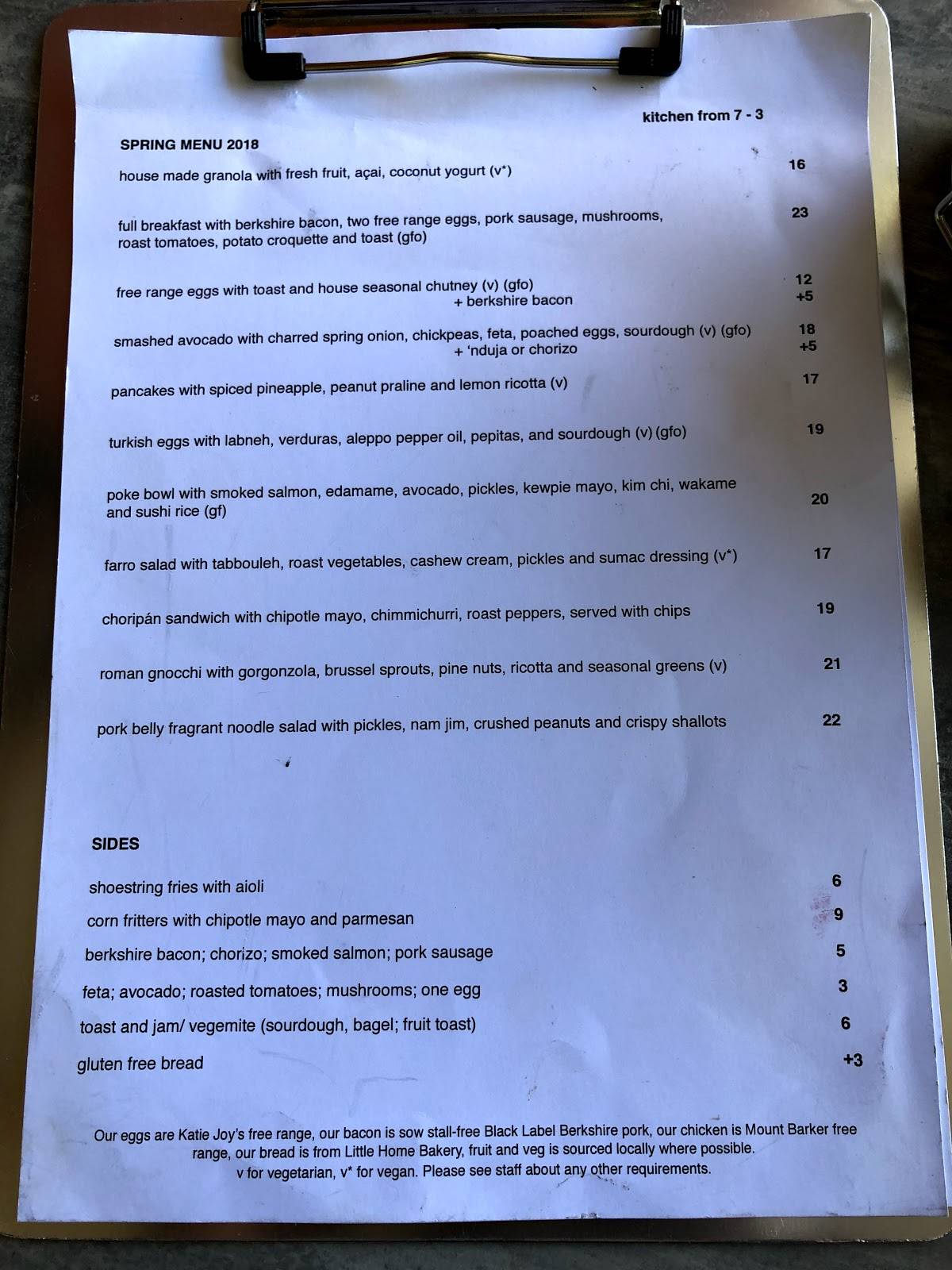 Menu at Sage cafe, Victoria Park