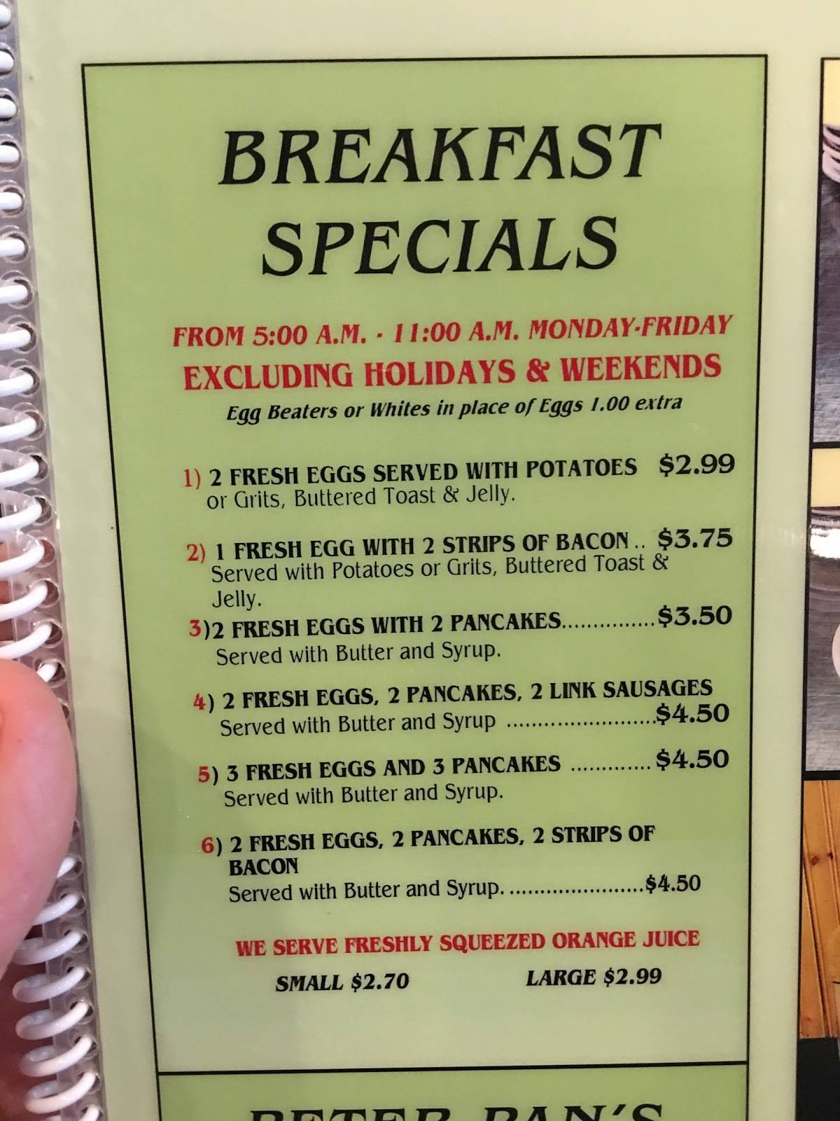 Menu at Peter Pan Diner restaurant, Oakland Park