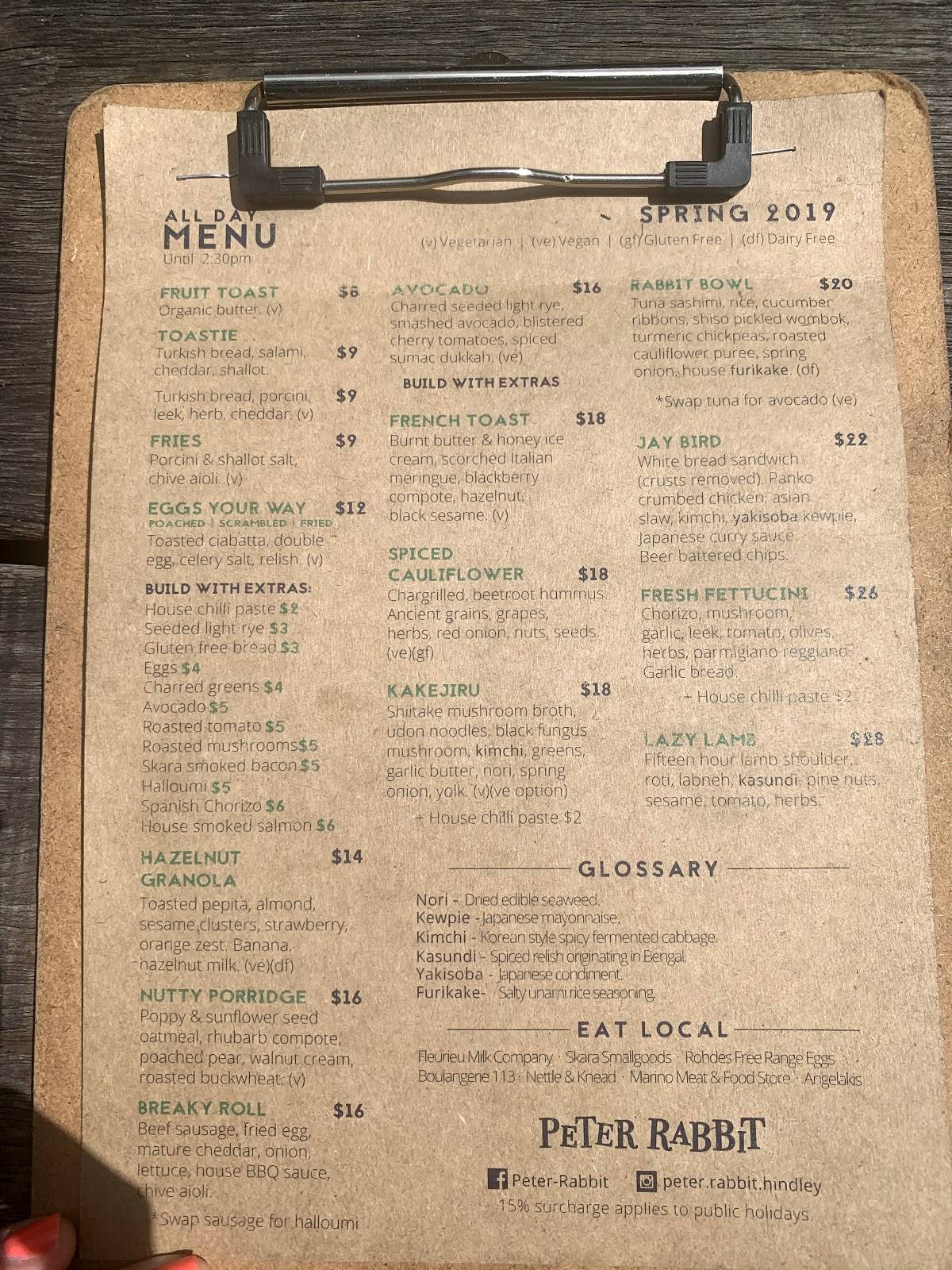 Menu at Peter Rabbit Cafe, Adelaide