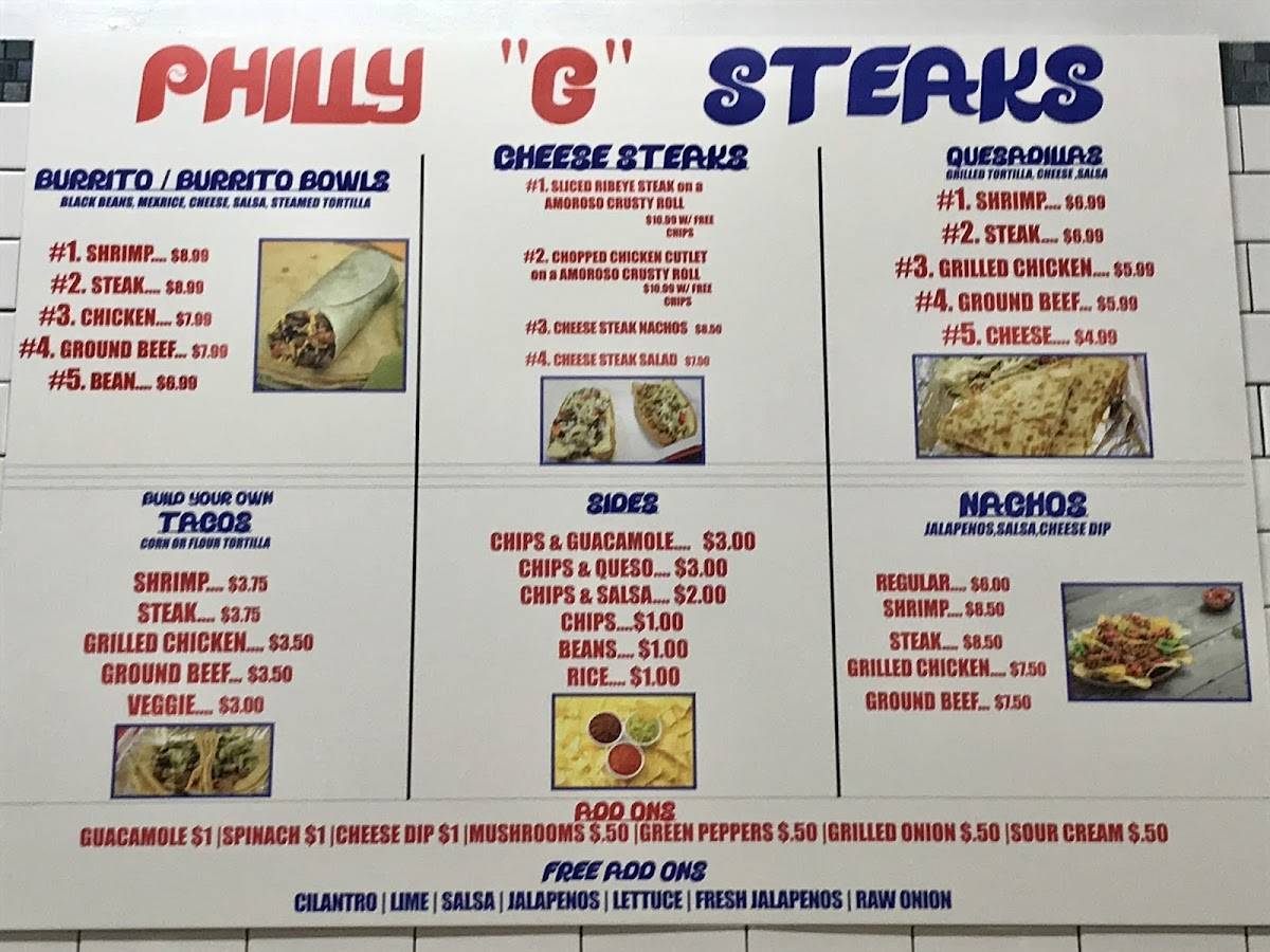 Menu at Philly G Steaks restaurant, Atlanta, 209 Edgewood Ave SE