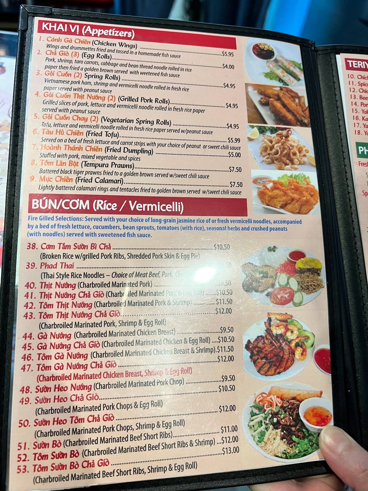Menu at Pho Hien Trang restaurant, Renton