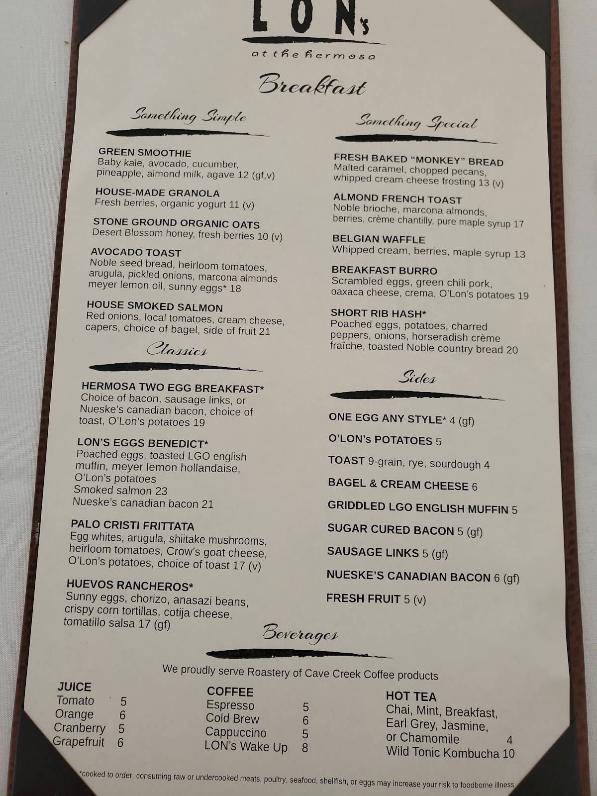 Menu at LON’s at The Hermosa Inn pub & bar, Paradise Valley