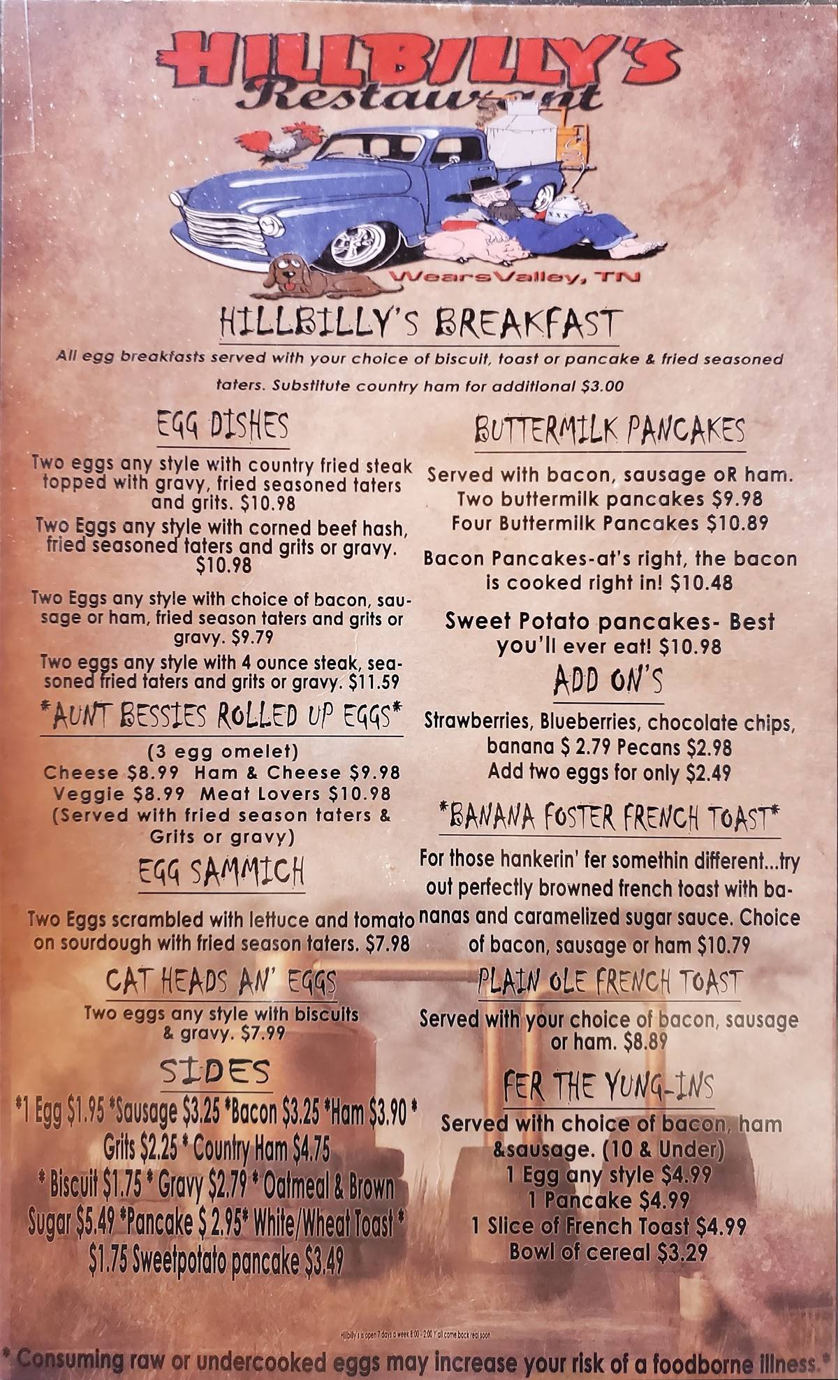 Menu at Hillbilly's Restaurant, Pigeon Forge, Wears Valley Rd