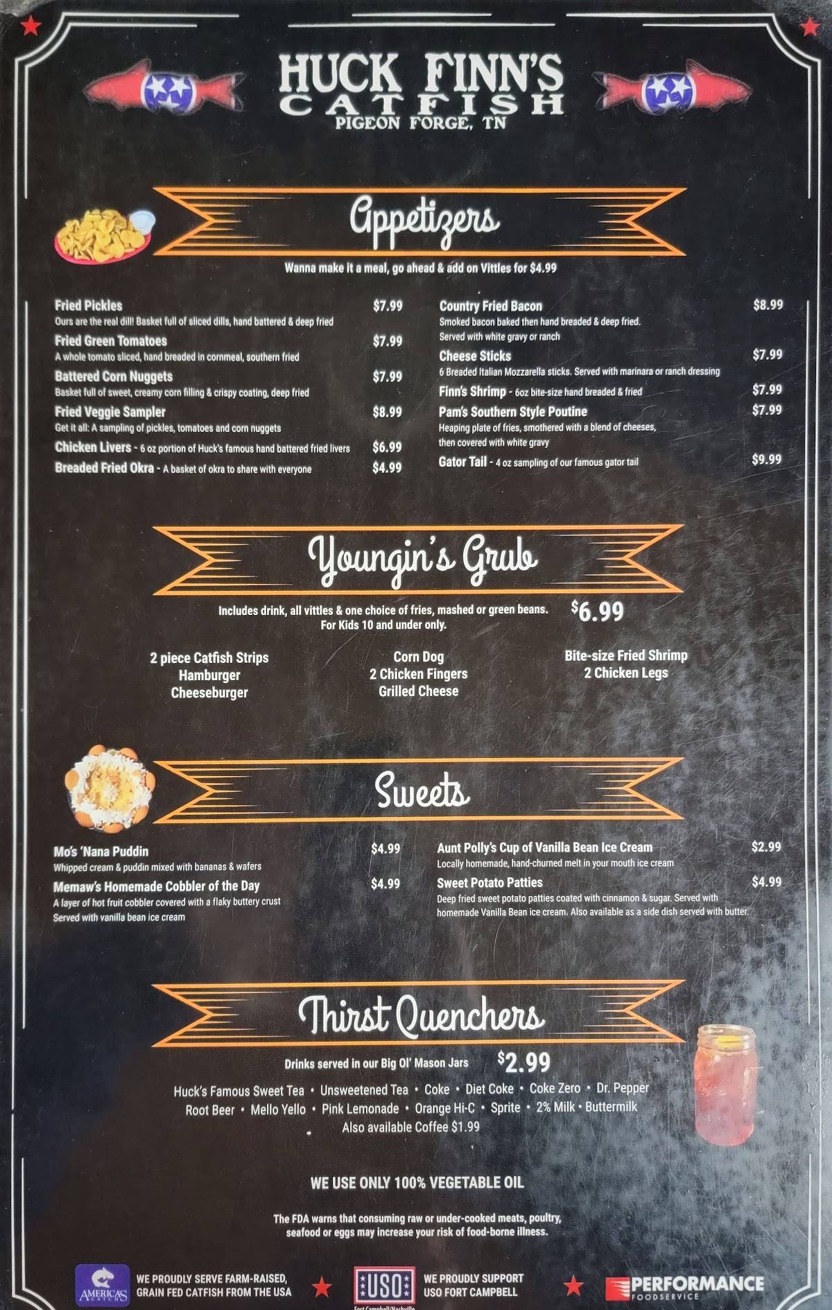 Menu at Huck Finn's Catfish restaurant, Pigeon Forge