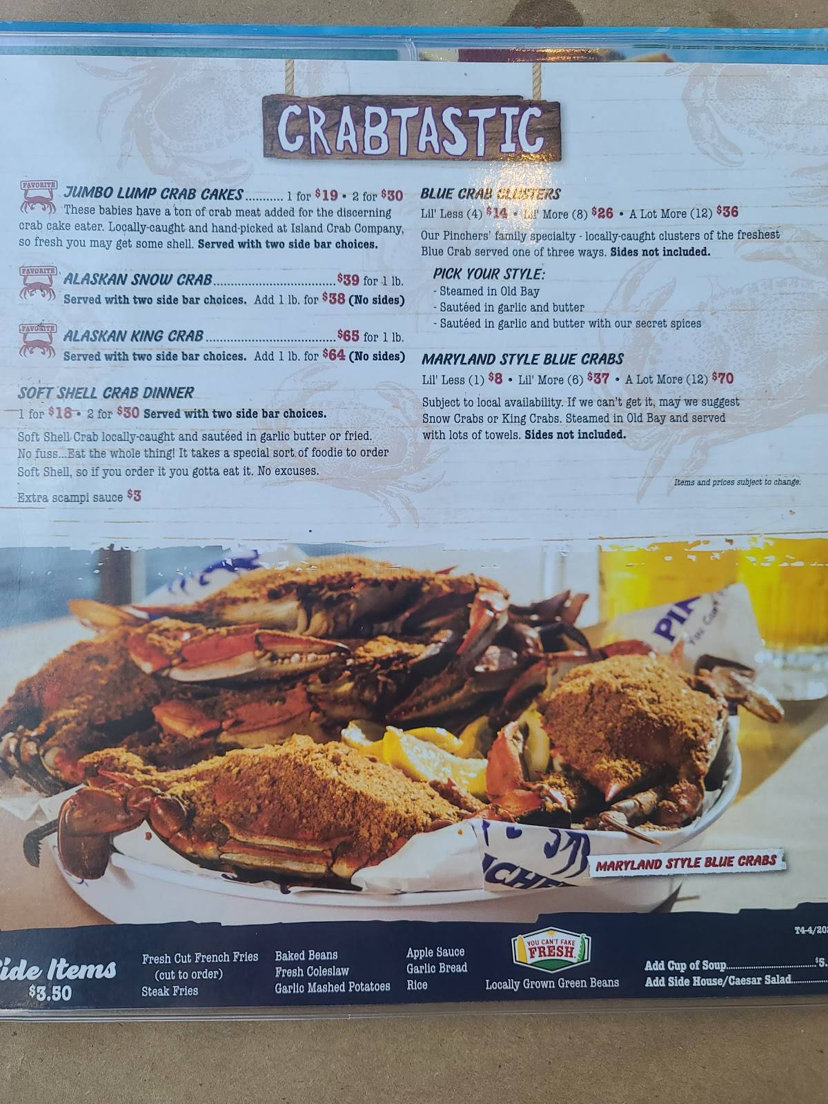 Menu at Pinchers restaurant, Key West