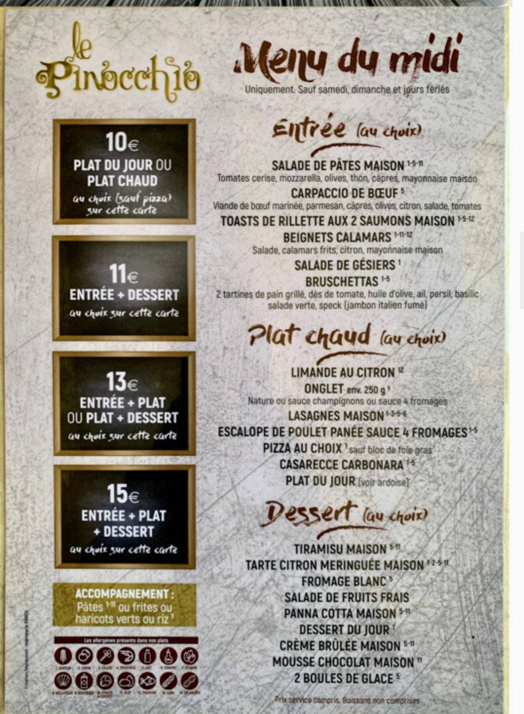 Menu au Pinocchio pizzeria, Le Cendre, Rue Jean Mermoz