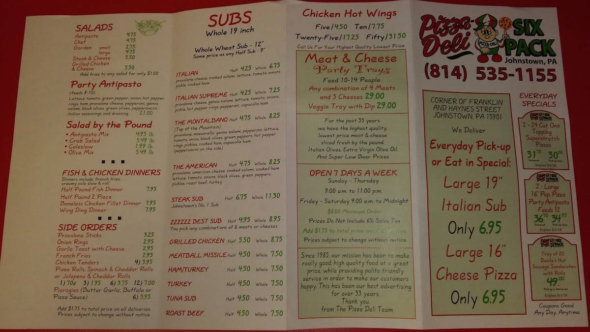 Menu at Pizza-Deli Six Pack pizzeria, Johnstown