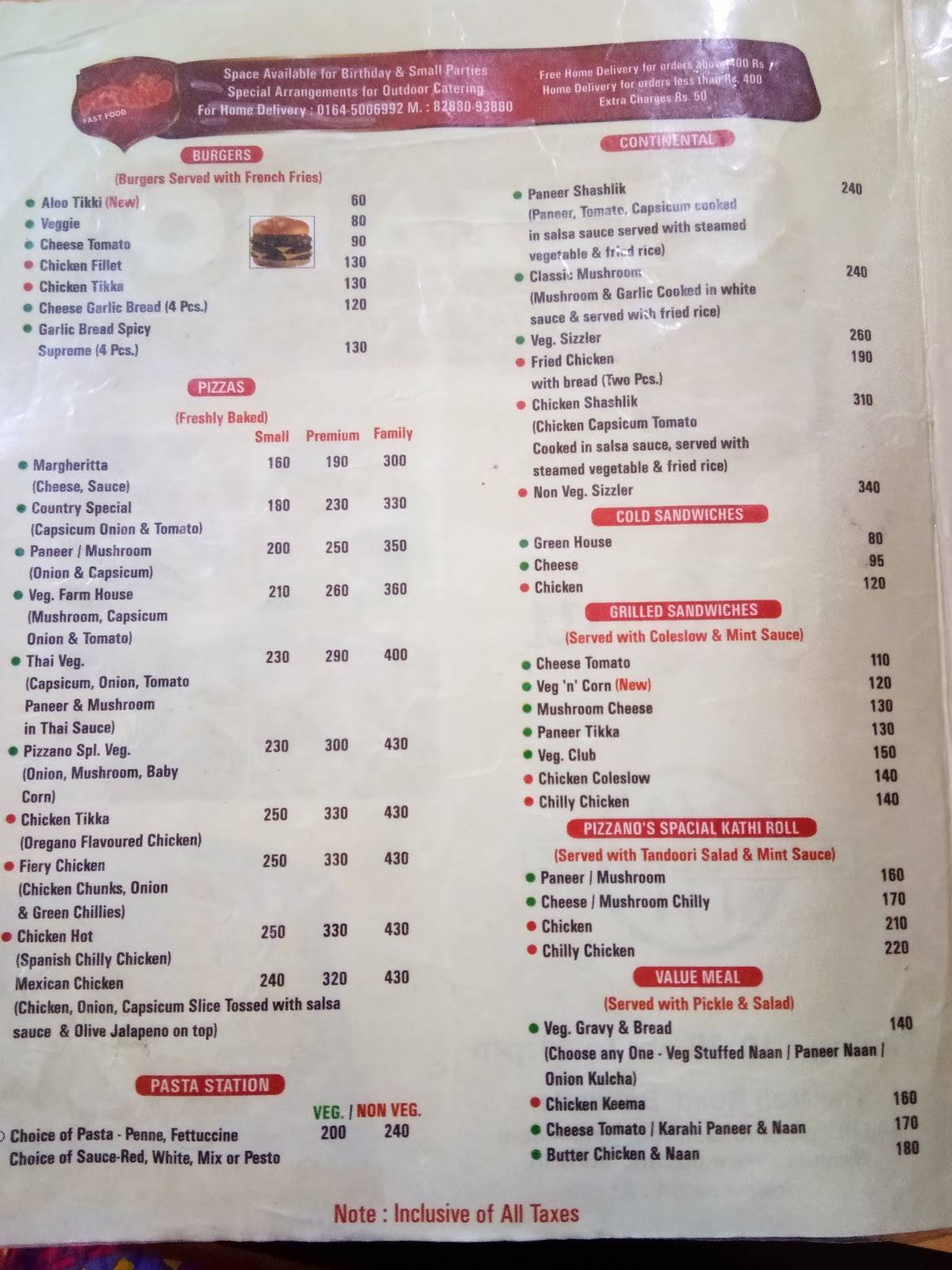 Menu at Pizzano Restaurant & Bakery, Bathinda