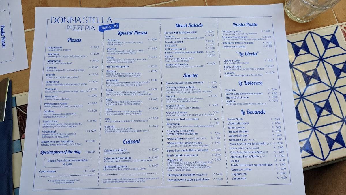 Menu at Pizzeria Donna Stella, Amalfi