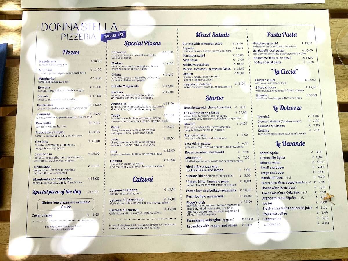 Menu at Pizzeria Donna Stella, Amalfi