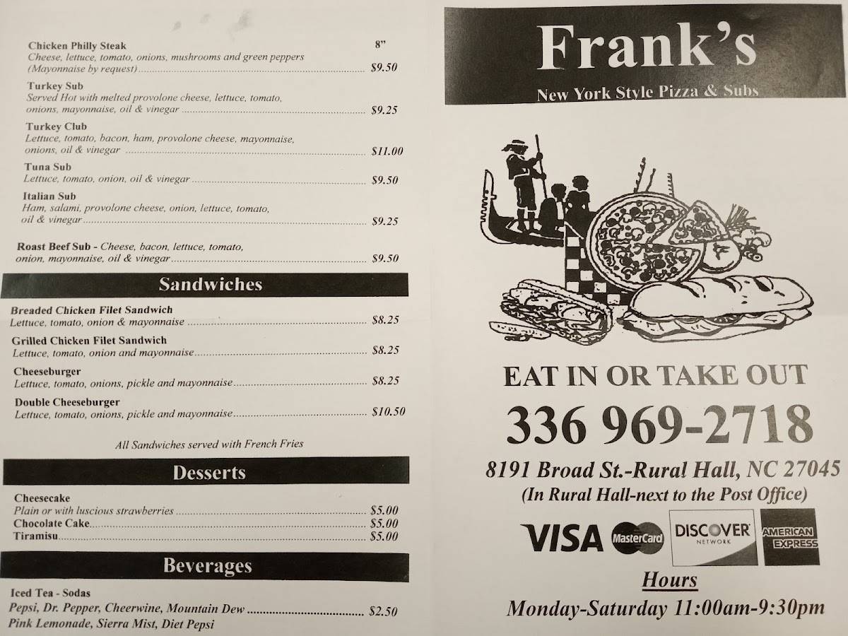 Menu at Frank's Restaurant, Rural Hall
