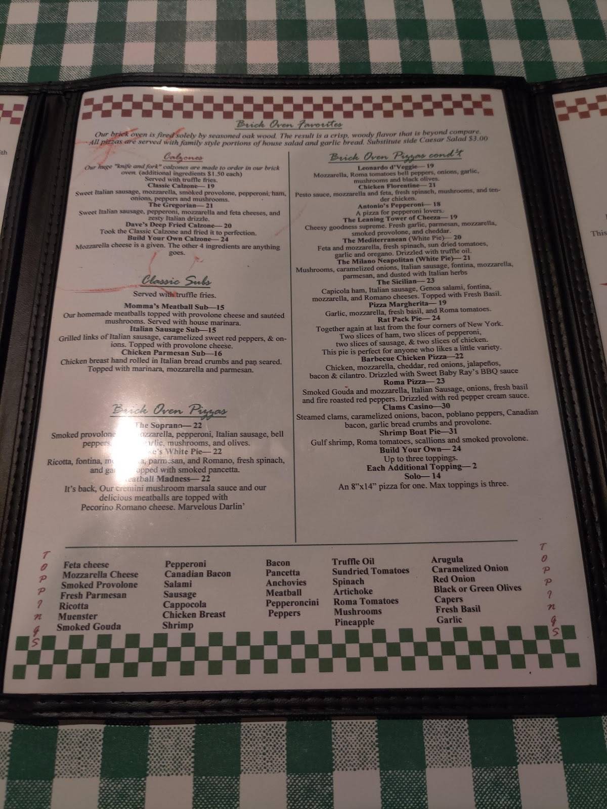 Menu at Gabriella's pizzeria, South Padre Island