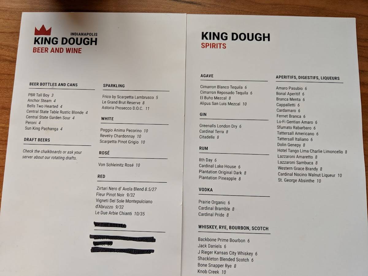 Menu at King Dough pizzeria, Indianapolis
