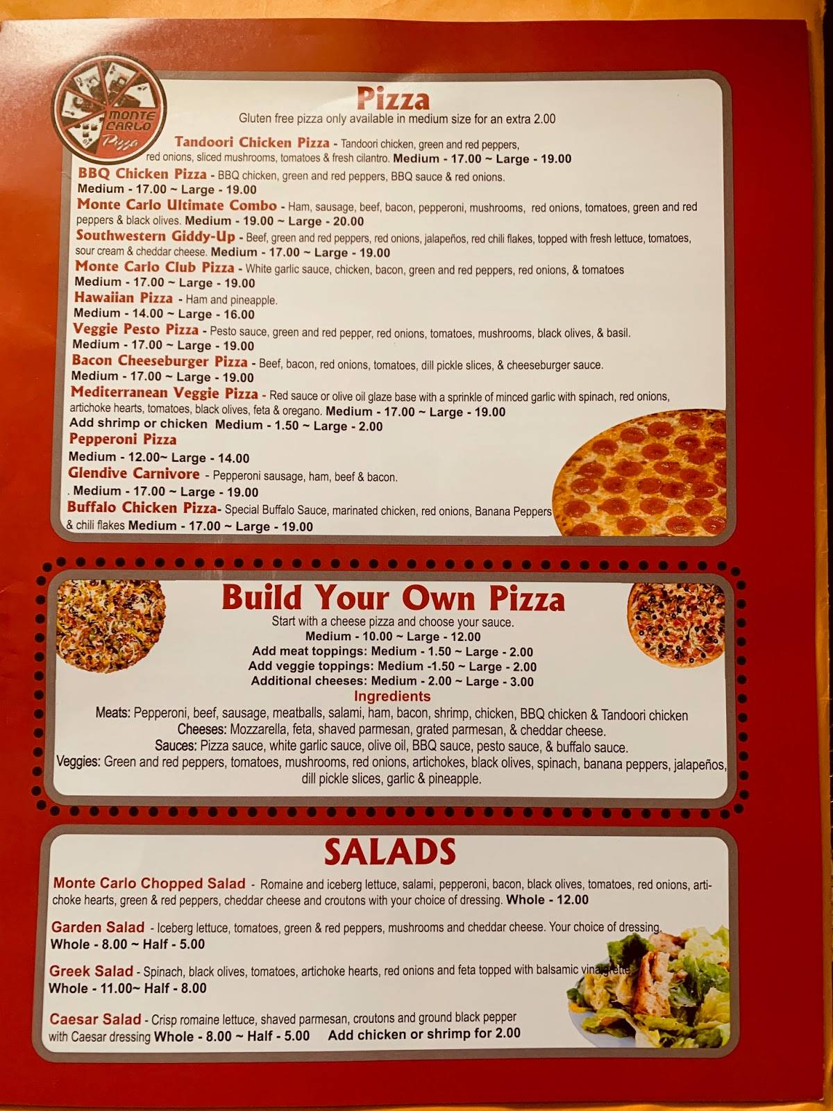 Menu at Monte Carlo Pizza pizzeria, Glendive