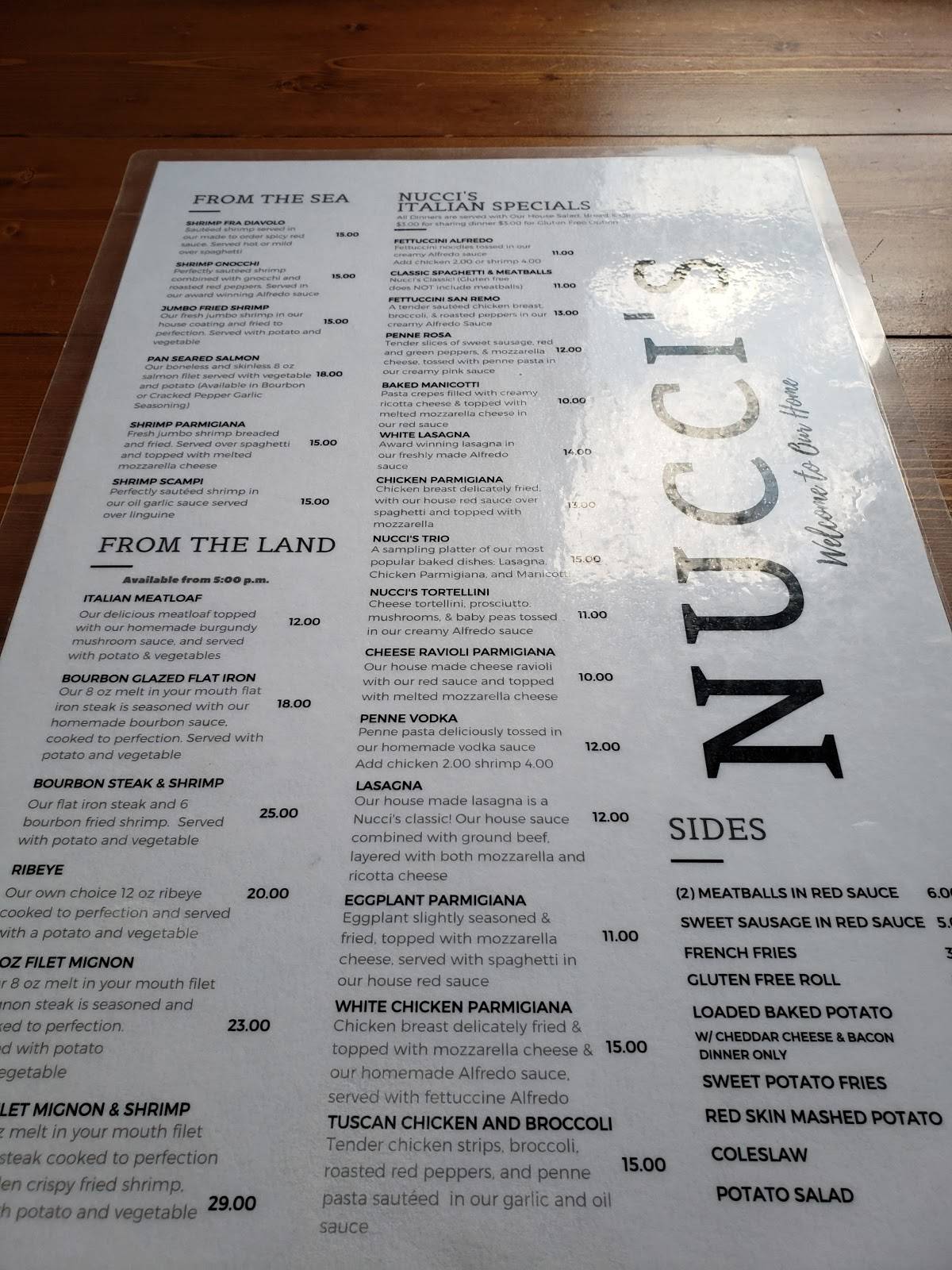Menu at Nucci's Pasta House pizzeria, Pittsfield
