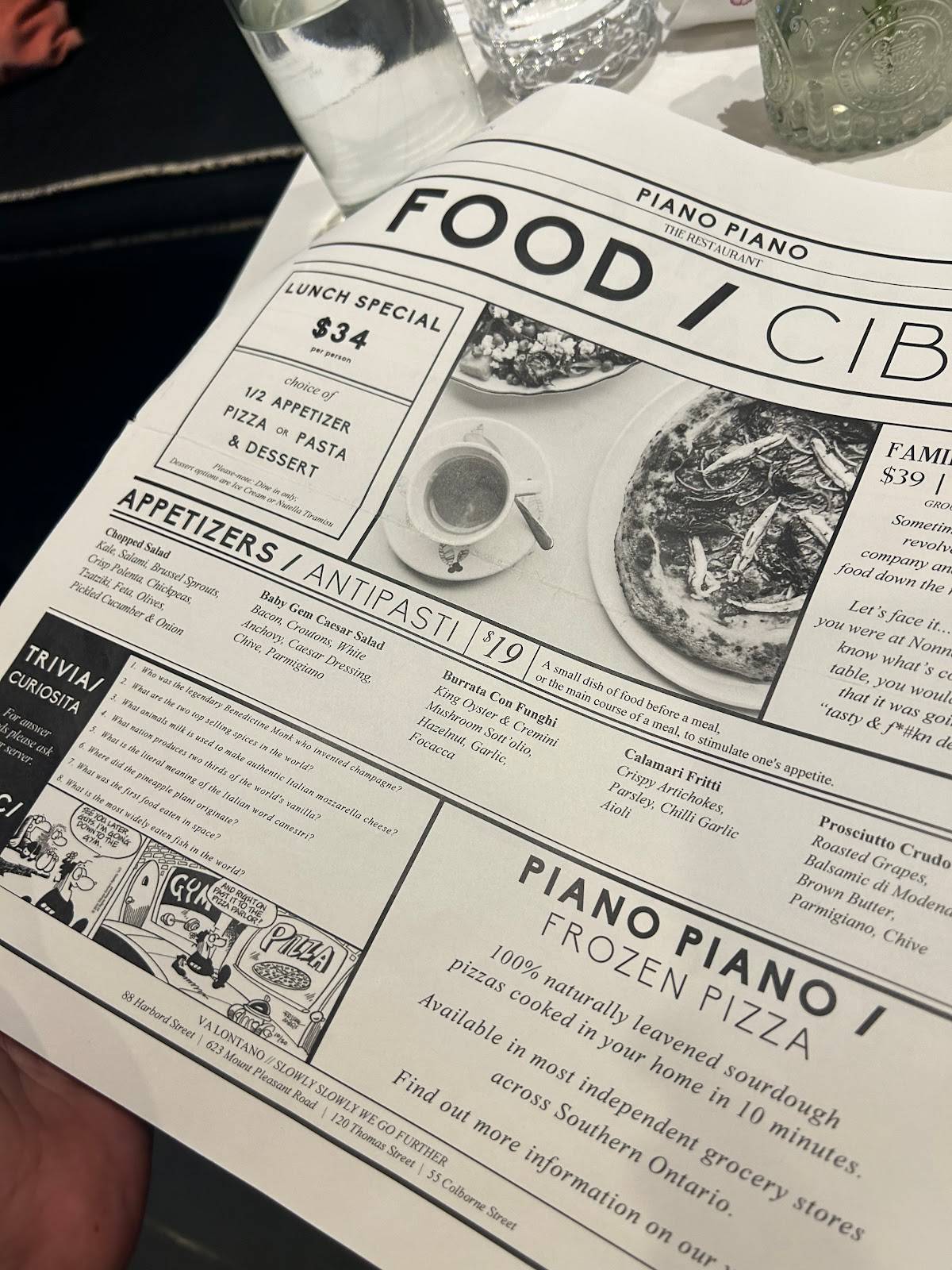 Menu at Piano Piano Restaurant, Toronto, 88 Harbord St