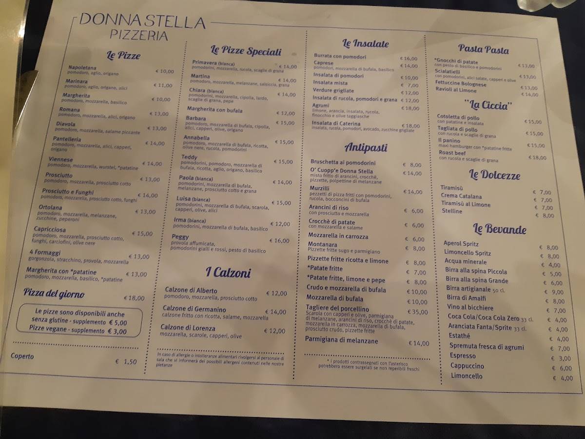Menu at Pizzeria Donna Stella, Amalfi