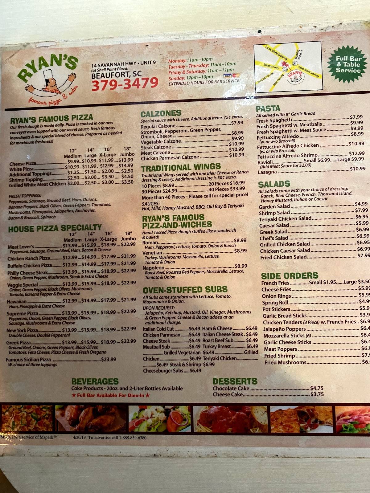 Menu at Ryan's Famous Pizza & Subs pizzeria, Beaufort
