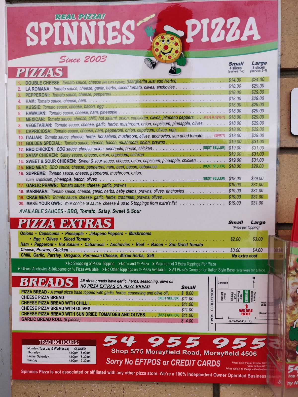 Menu at Spinnies Pizza pizzeria, Caboolture South, 5/75 Morayfield Rd