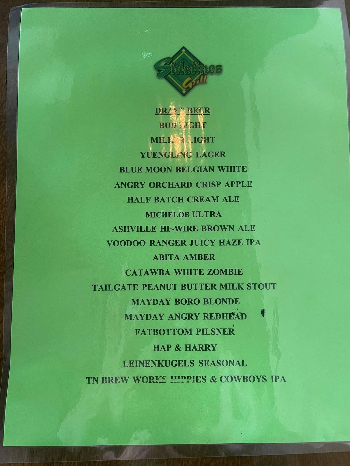 Menu at sidelines grill pub & bar, Pleasant View