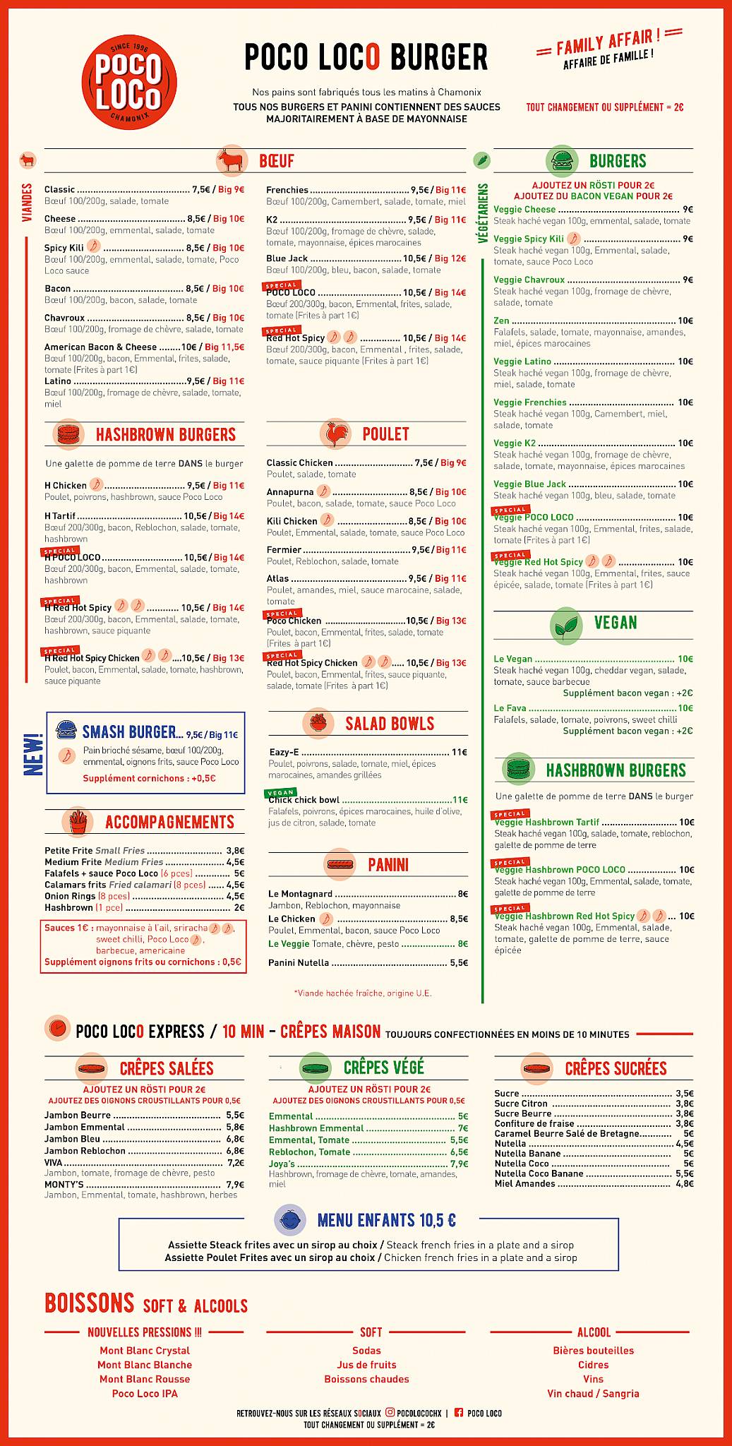 Menu at Poco Loco Burger restaurant, Chamonix
