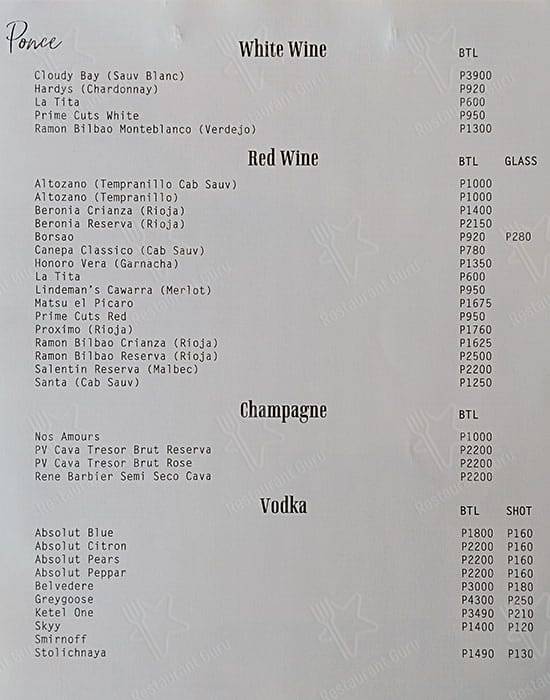 Menu at Ponce restaurant, Quezon City