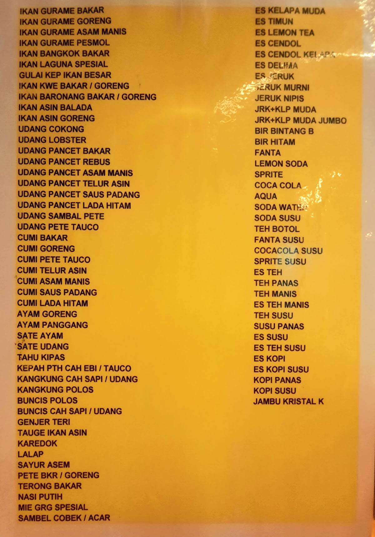 Menu at Pondok Laguna restaurant, Jakarta, 3