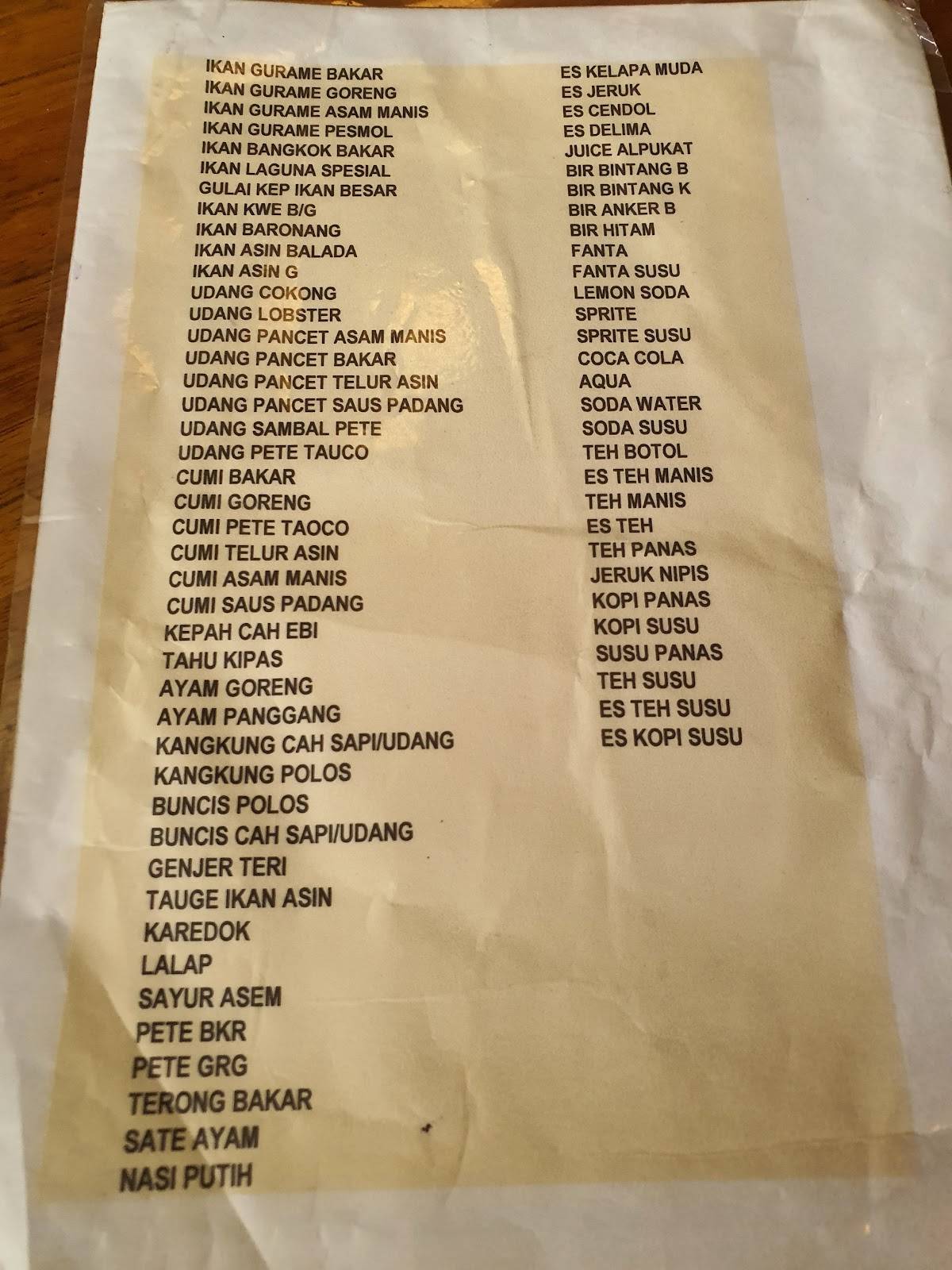 Menu at Pondok Laguna restaurant, Jakarta, 3