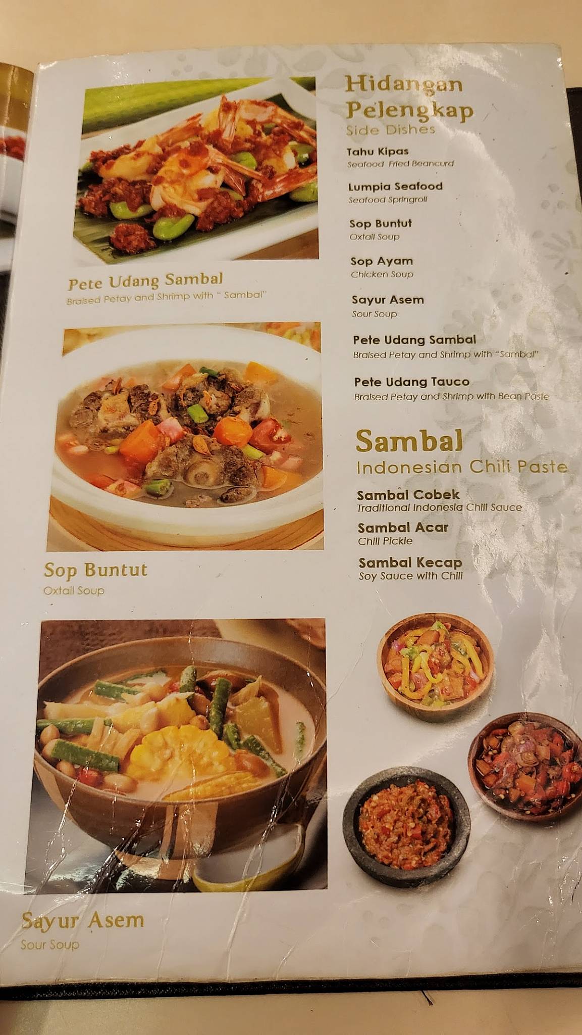 Menu at Pondok Laguna restaurant, Jakarta, 3