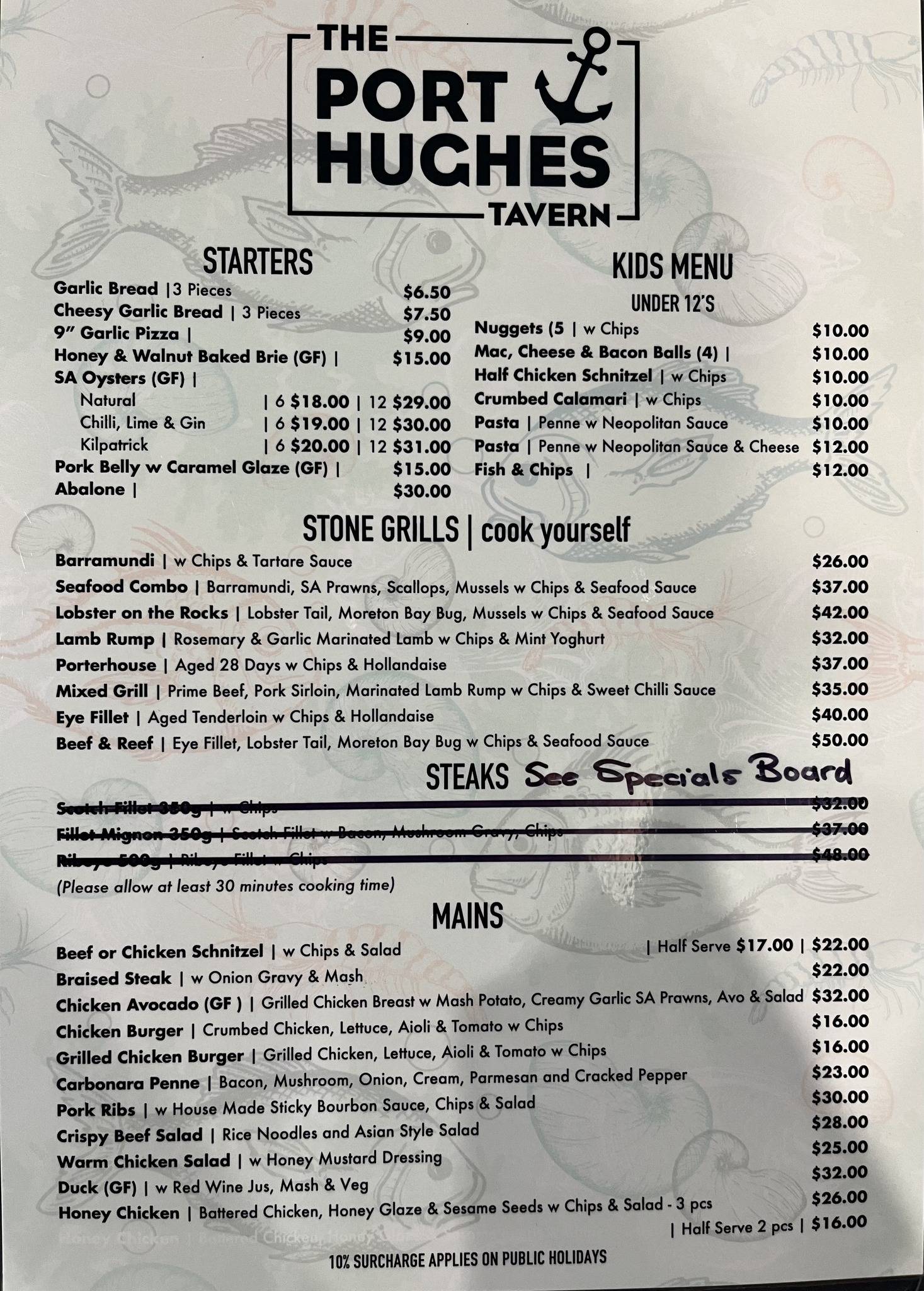Menu at Port Hughes Tavern restaurant, Port Hughes