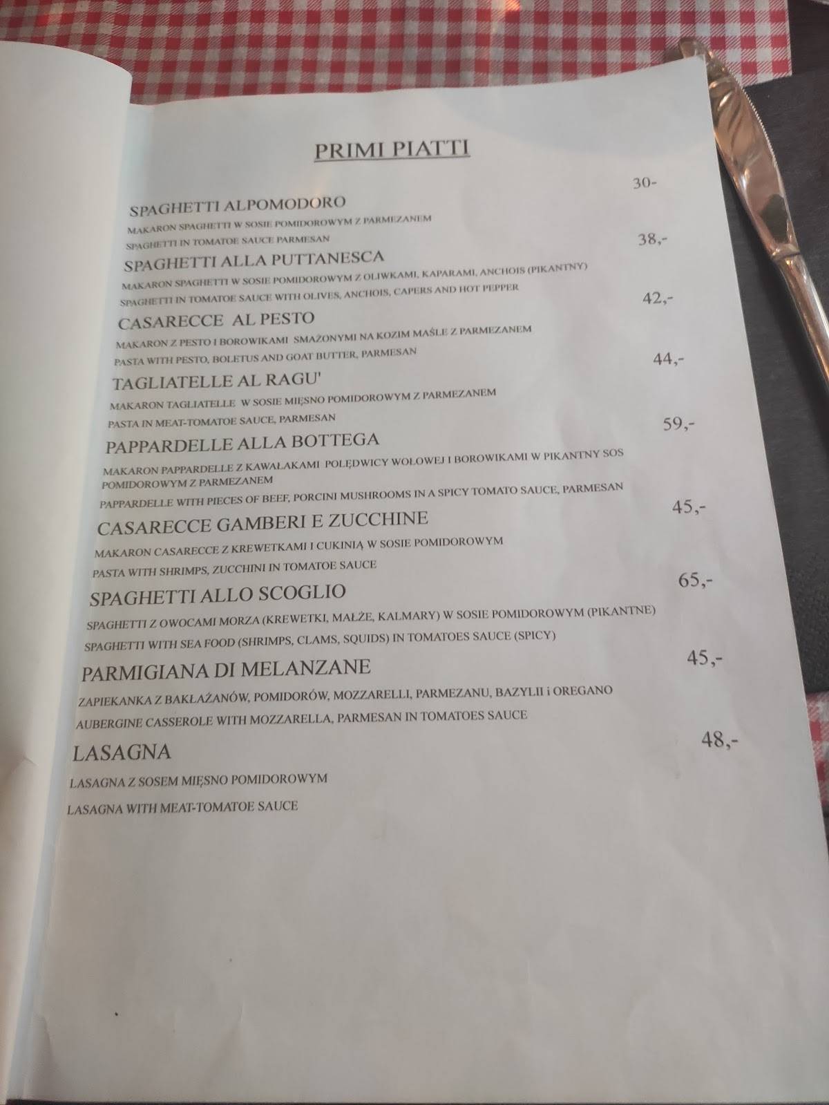 Menu at La Bottega restaurant, Poznań