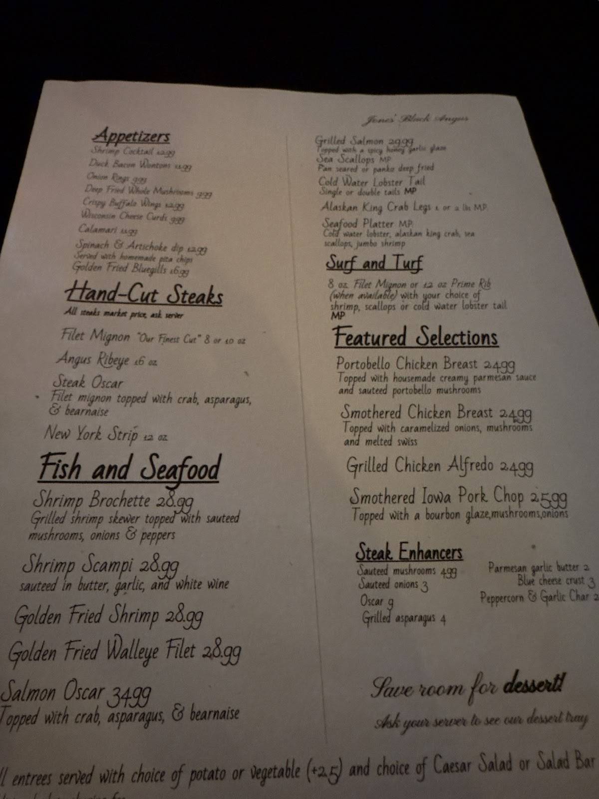 Menu at Jones' Black Angus steakhouse, Prairie du Chien, US-18