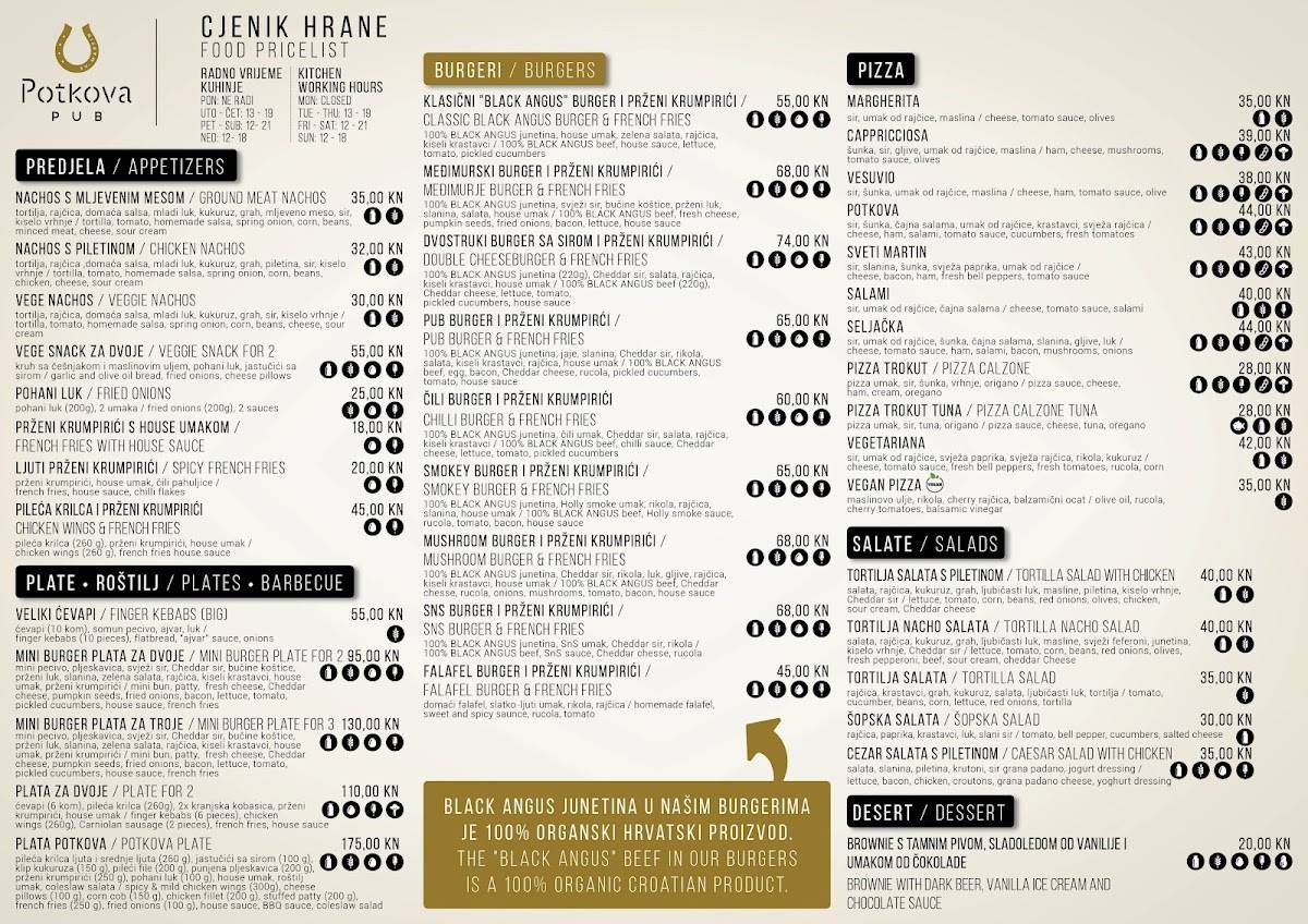 Menu at Pub Potkova, Gradiščak
