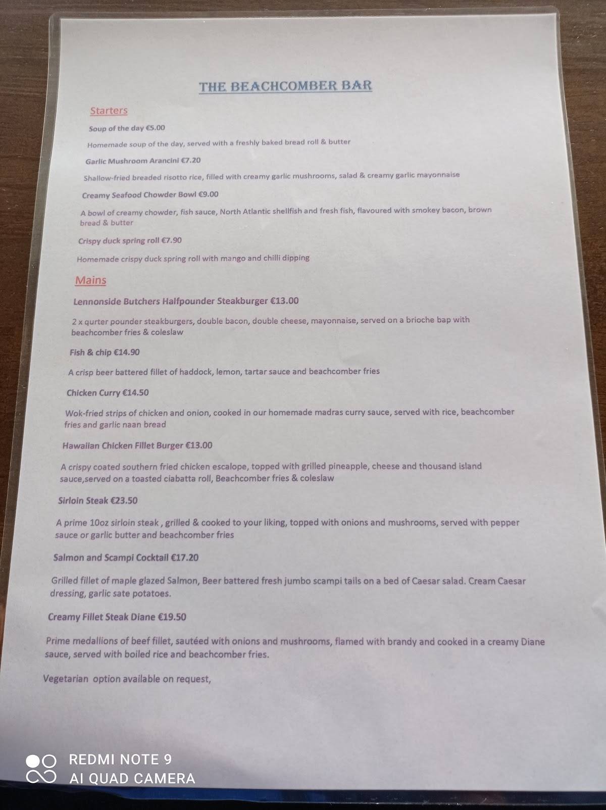 Menu at Beachcomber Bar, Rathmullan