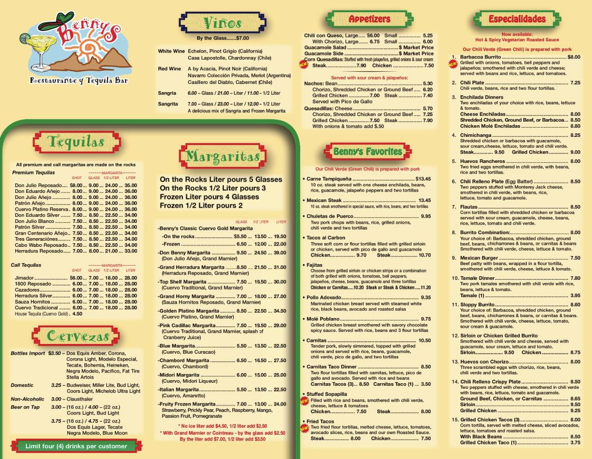 Menu at Benny's Restaurant & Cantina, Denver