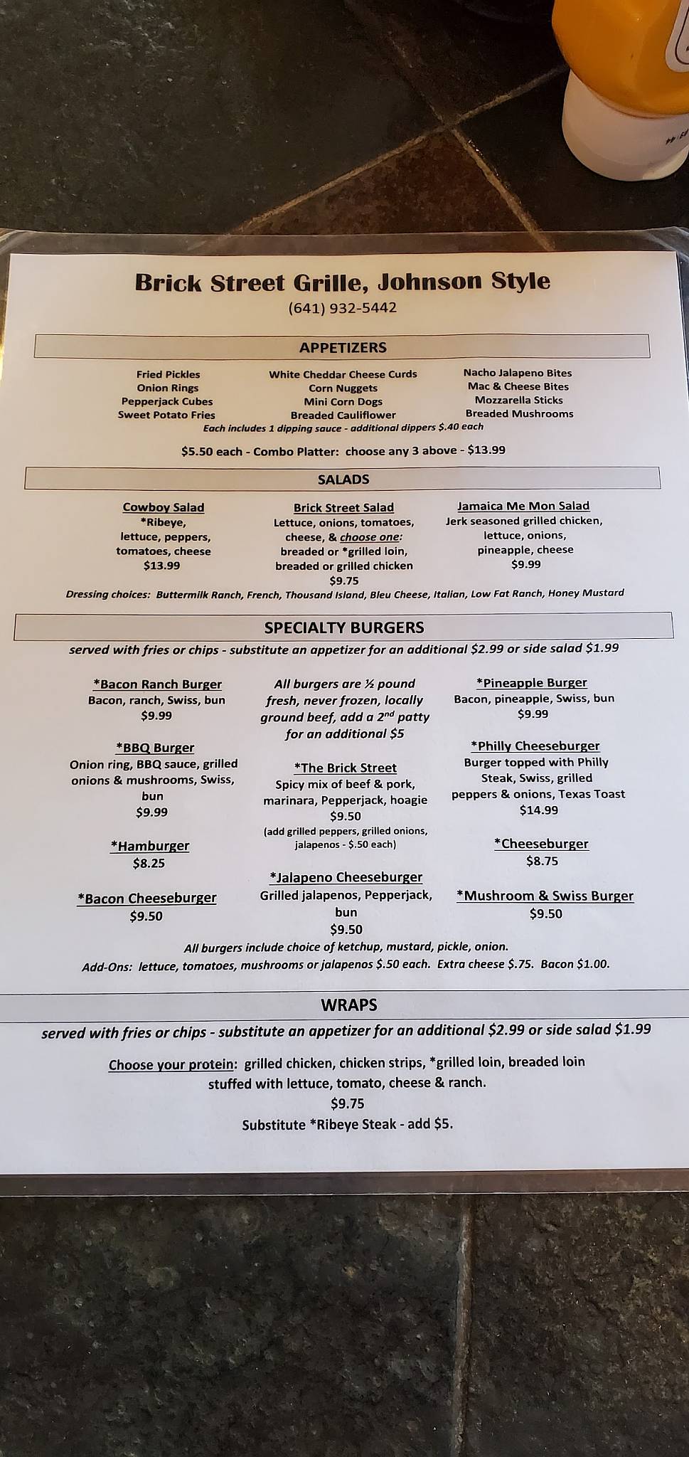 Menu at Brick Street Grille, Johnson Style pub & bar, Albia