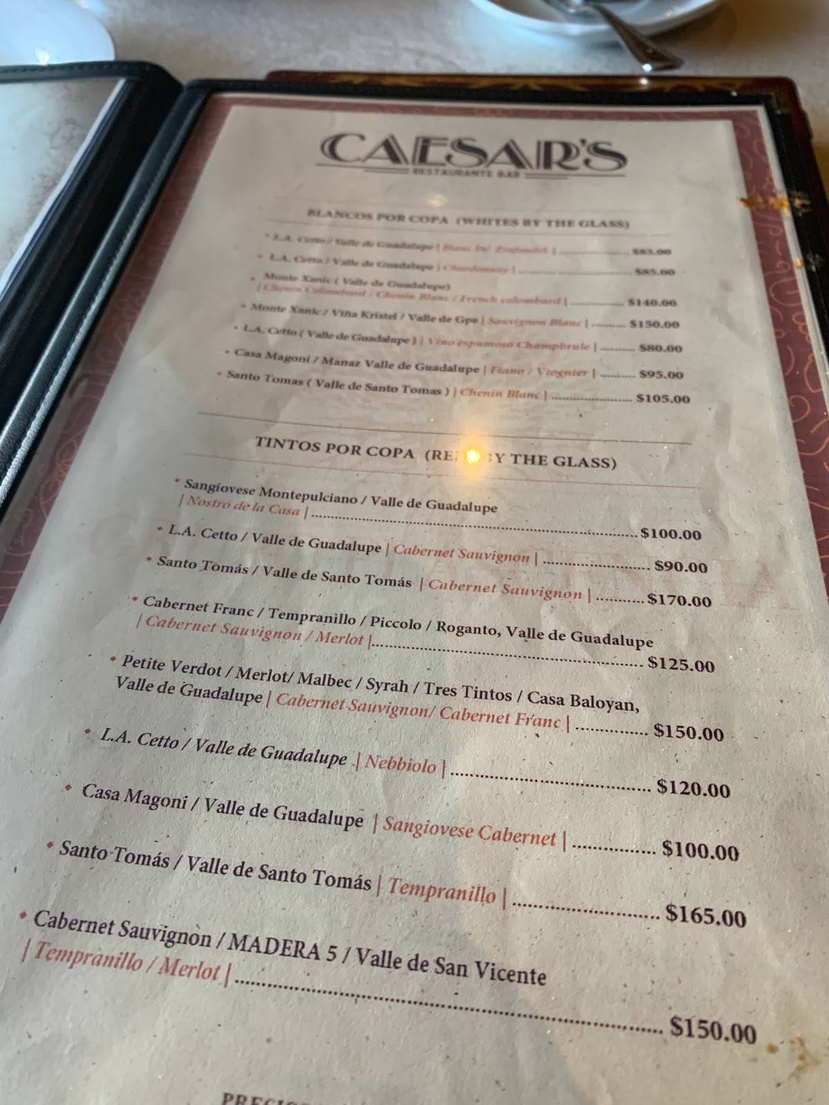 Menu at Caesar's pub & bar, Tijuana, Av. Revolución 8190
