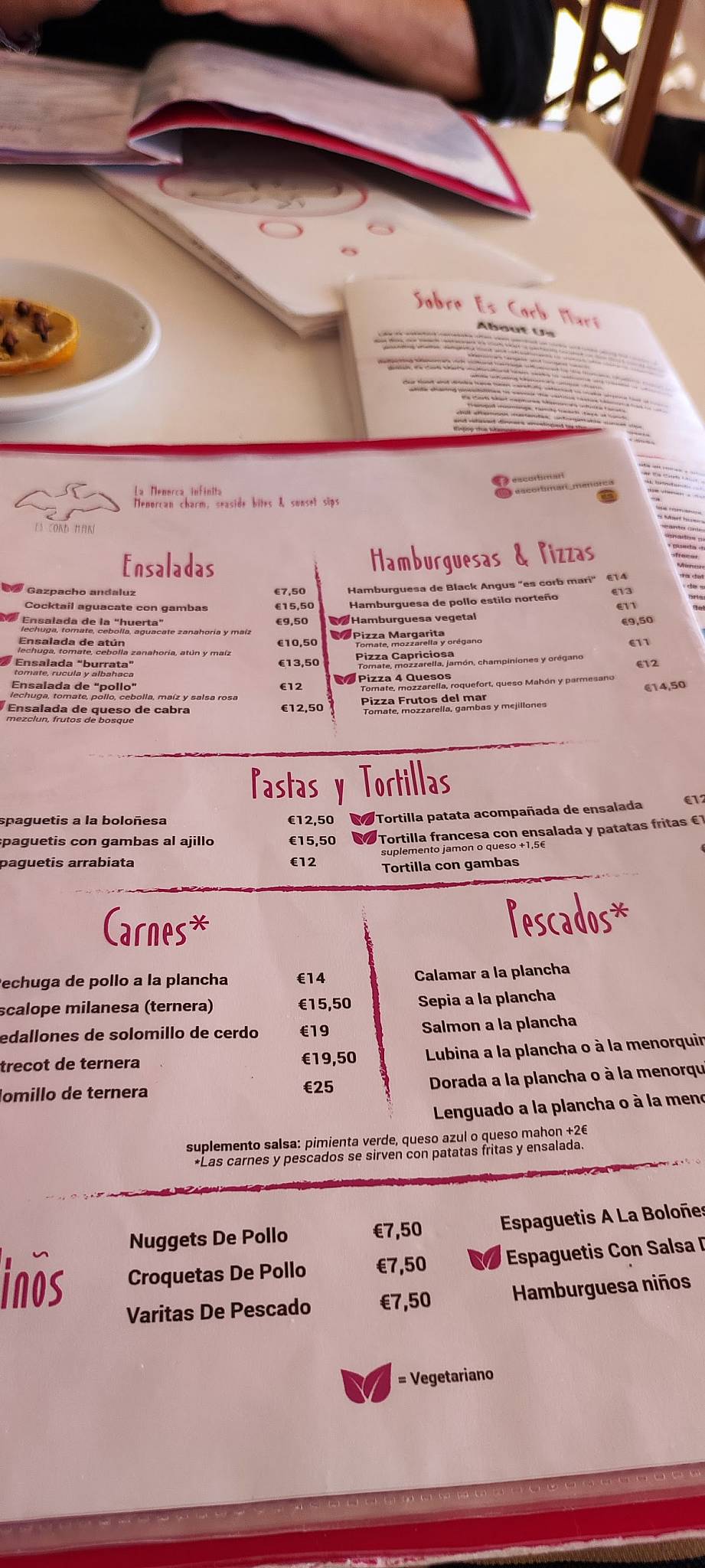 Carta del pub y bar Xiringuito Es Corb Mari, Son Bou